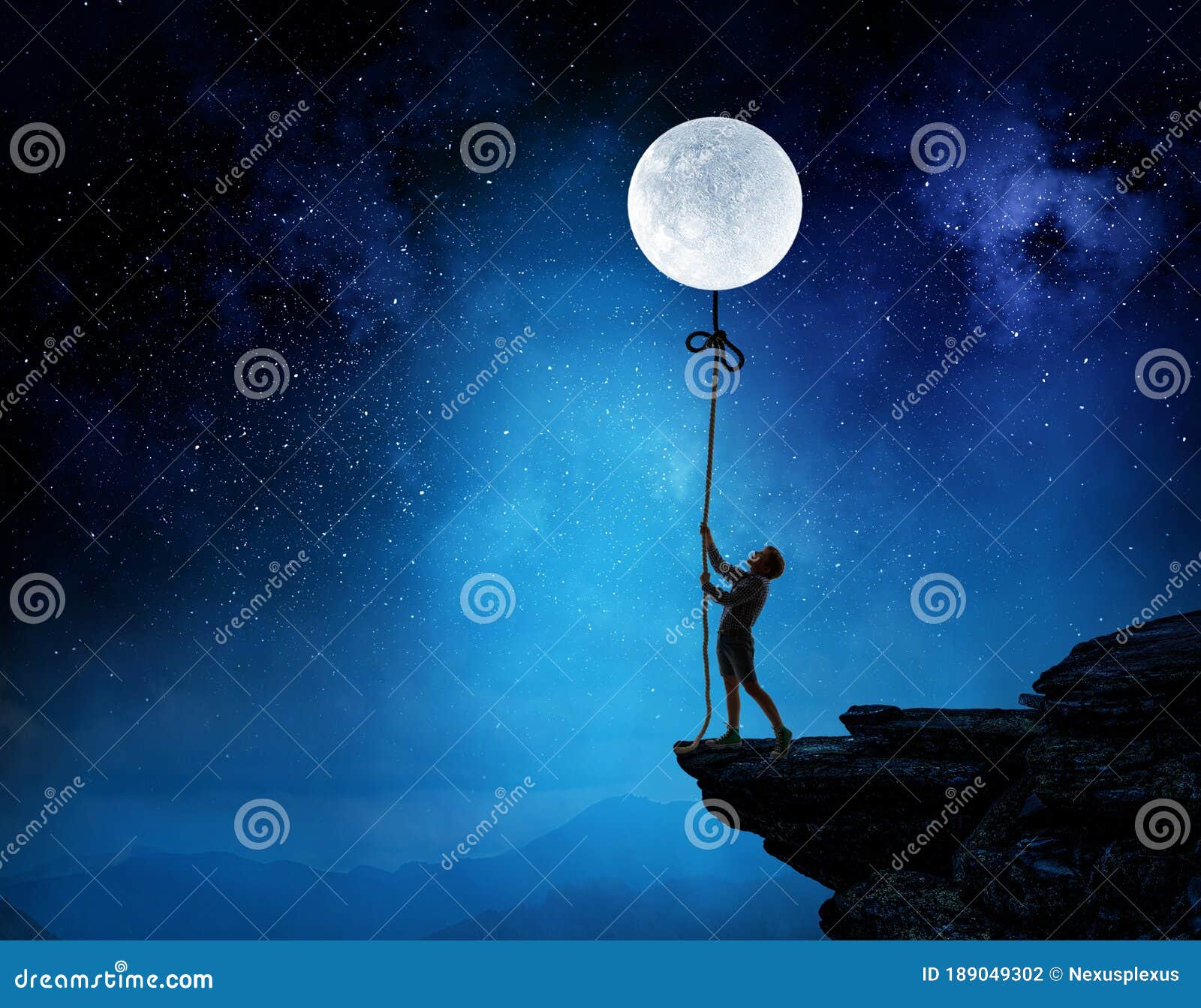 Kid Boy Catching Moon . Mixed Media Stock Photo - Image of bedtime ...