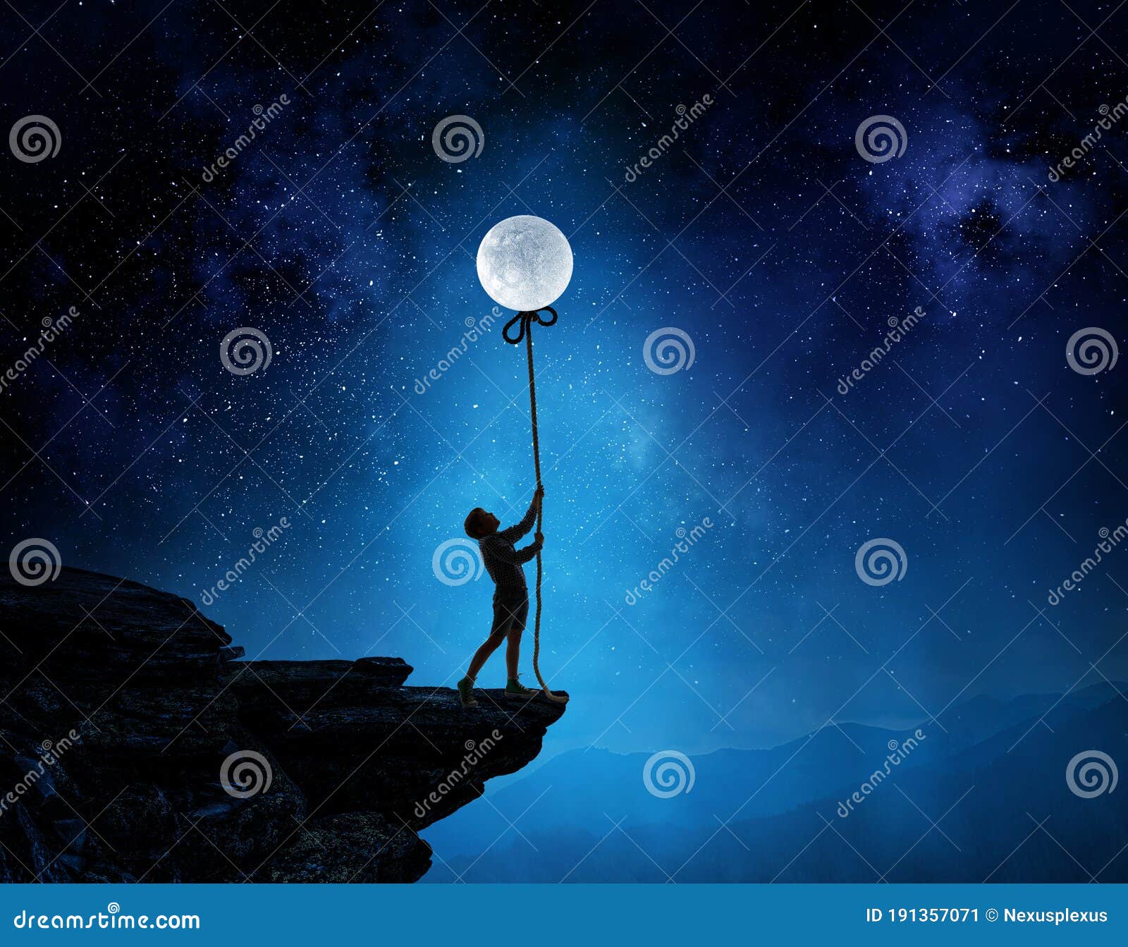 Kid Boy Catching Moon . Mixed Media Stock Image - Image of bedroom ...