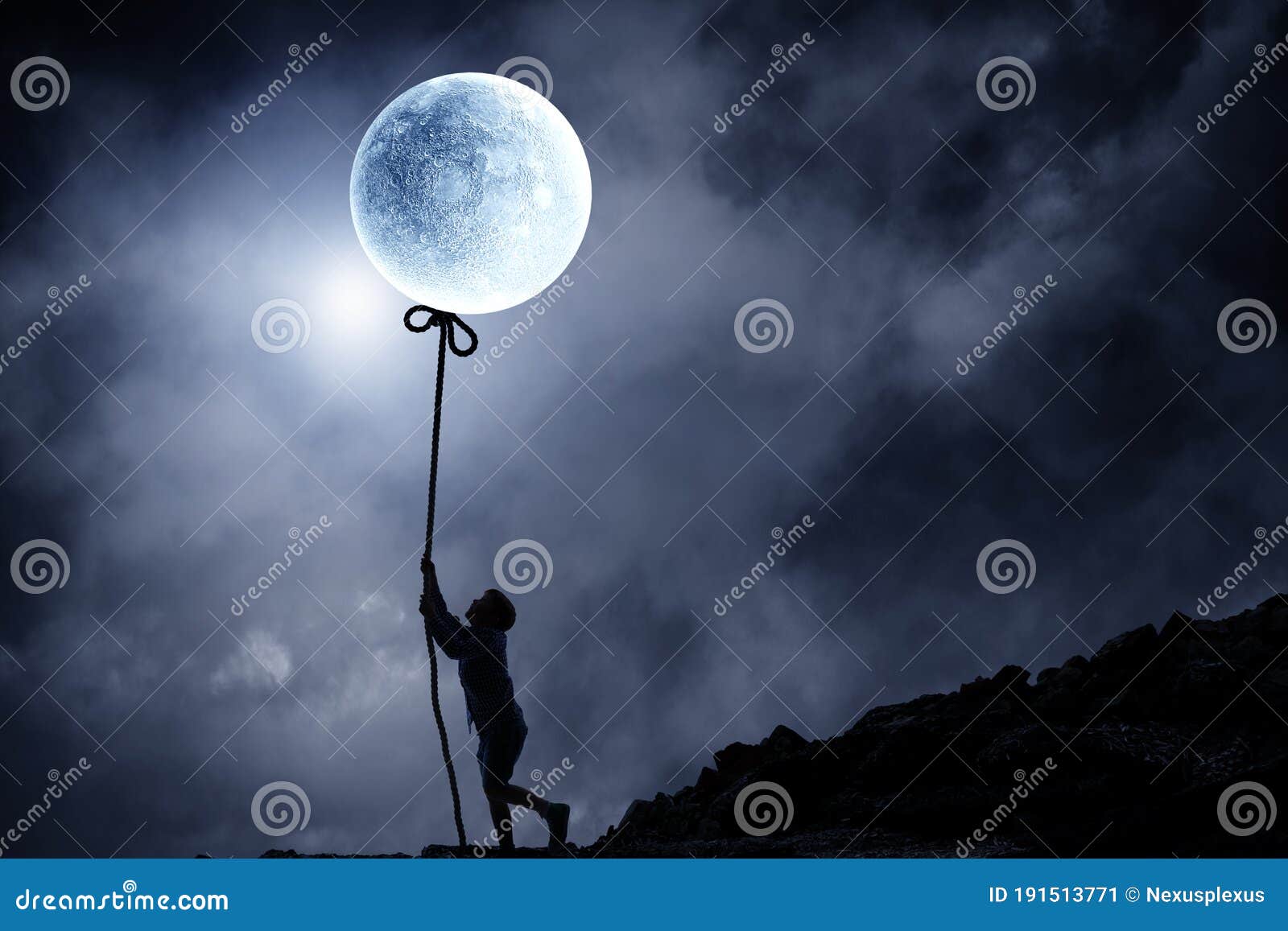Kid Boy Catching Moon . Mixed Media Stock Image - Image of beautiful ...