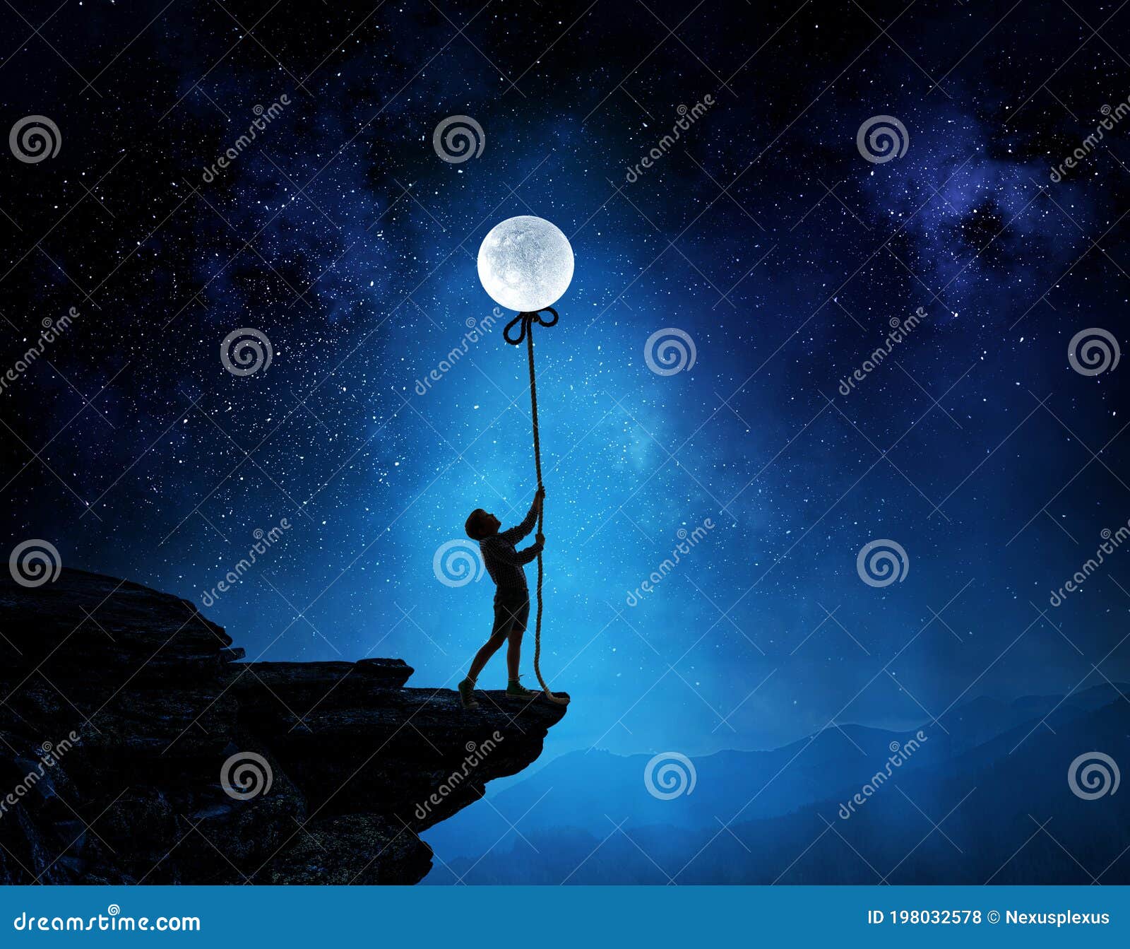 Kid Boy Catching Moon . Mixed Media Stock Illustration - Illustration ...