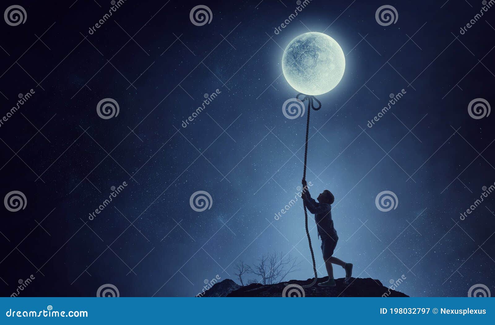Kid Boy Catching Moon . Mixed Media Stock Image - Image of catch ...