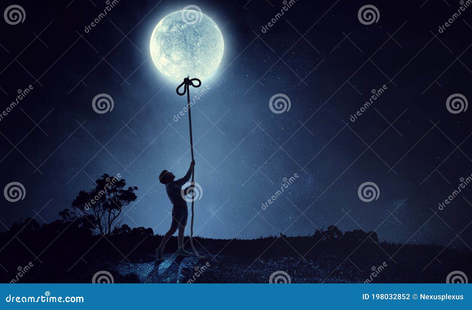 Kid Boy Catching Moon . Mixed Media Stock Photo - Image of adorable ...