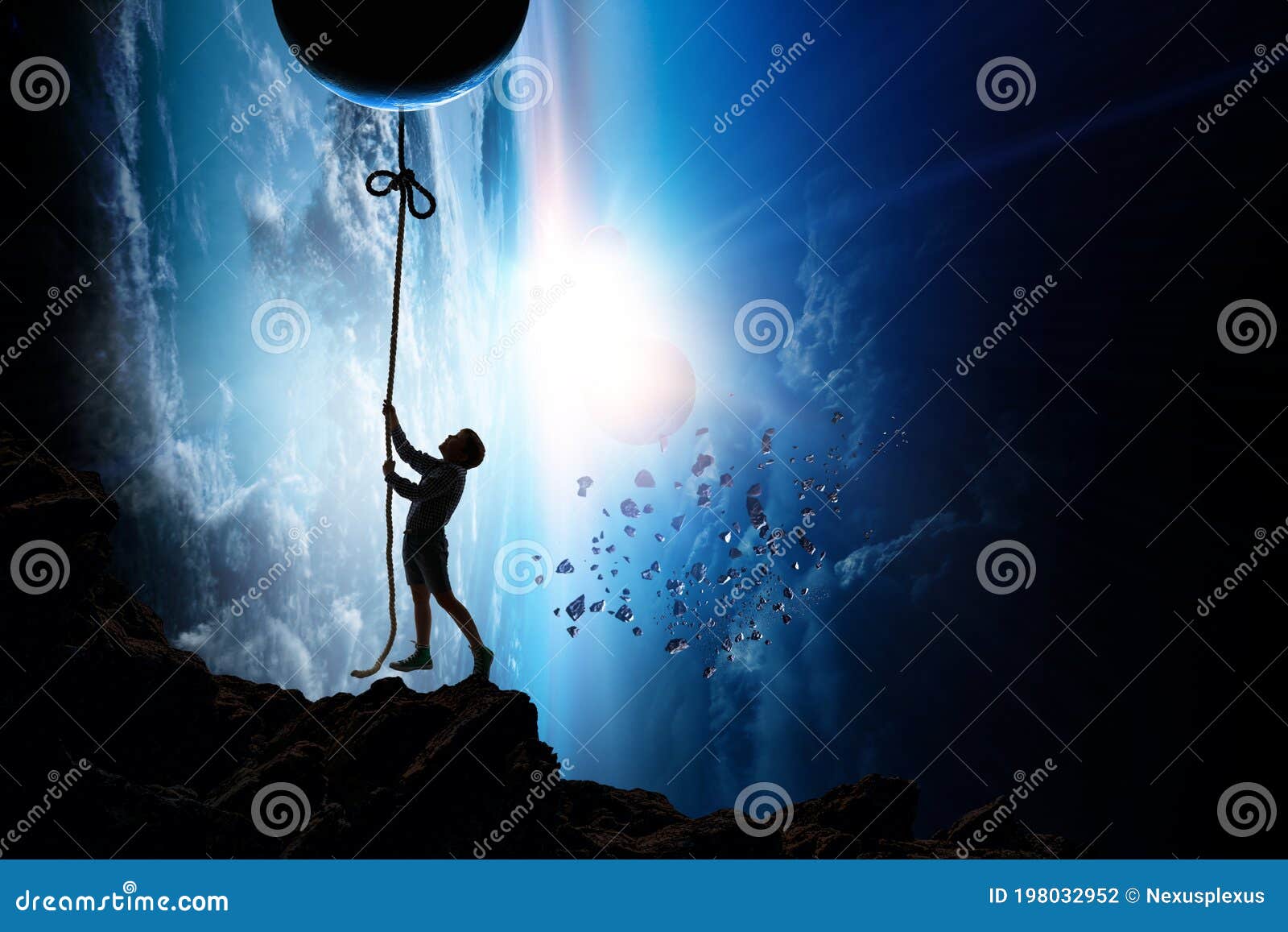 Kid Boy Catching Moon . Mixed Media Stock Photo - Image of education ...