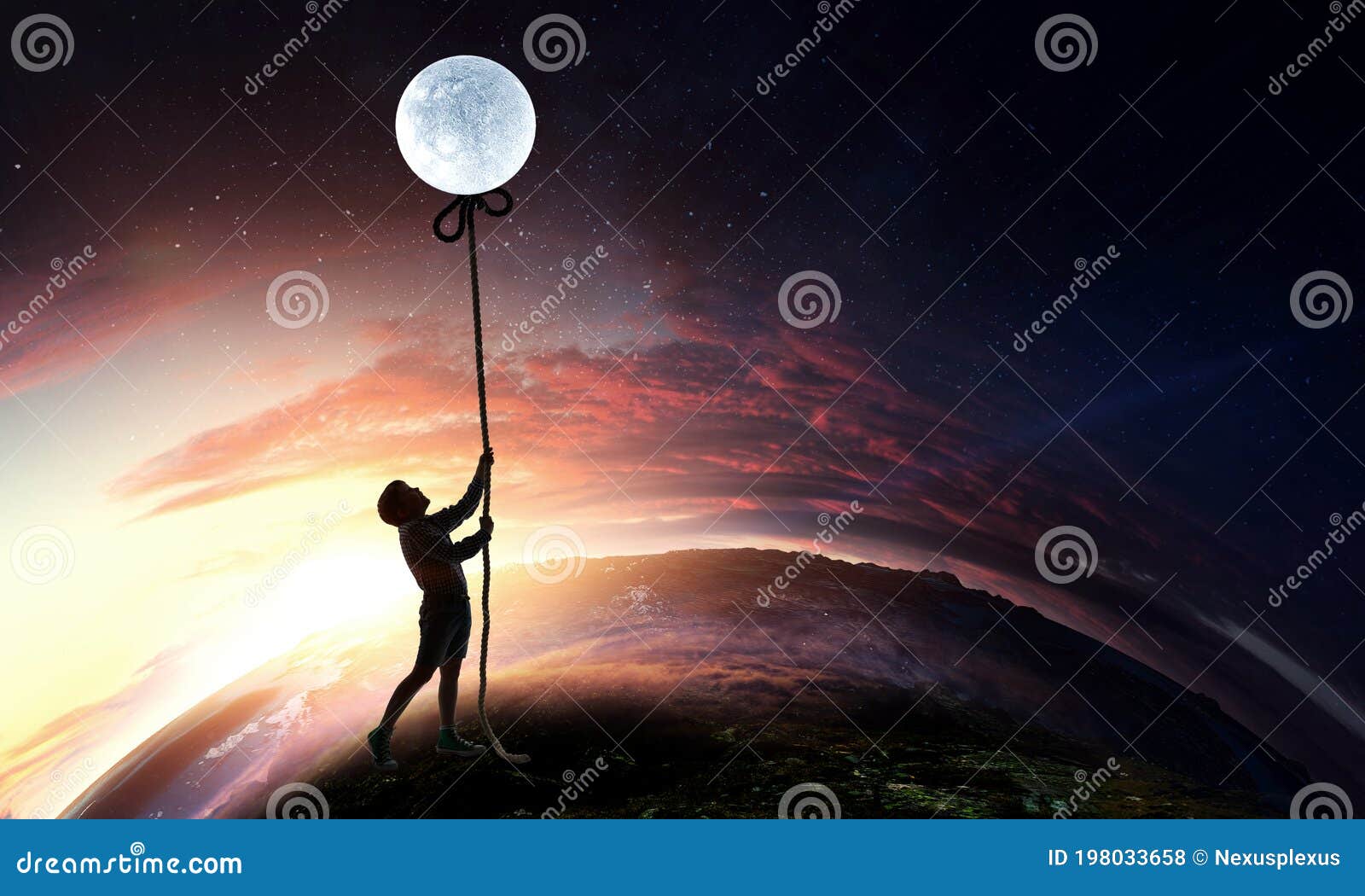 Kid Boy Catching Moon . Mixed Media Stock Photo - Image of imagination ...