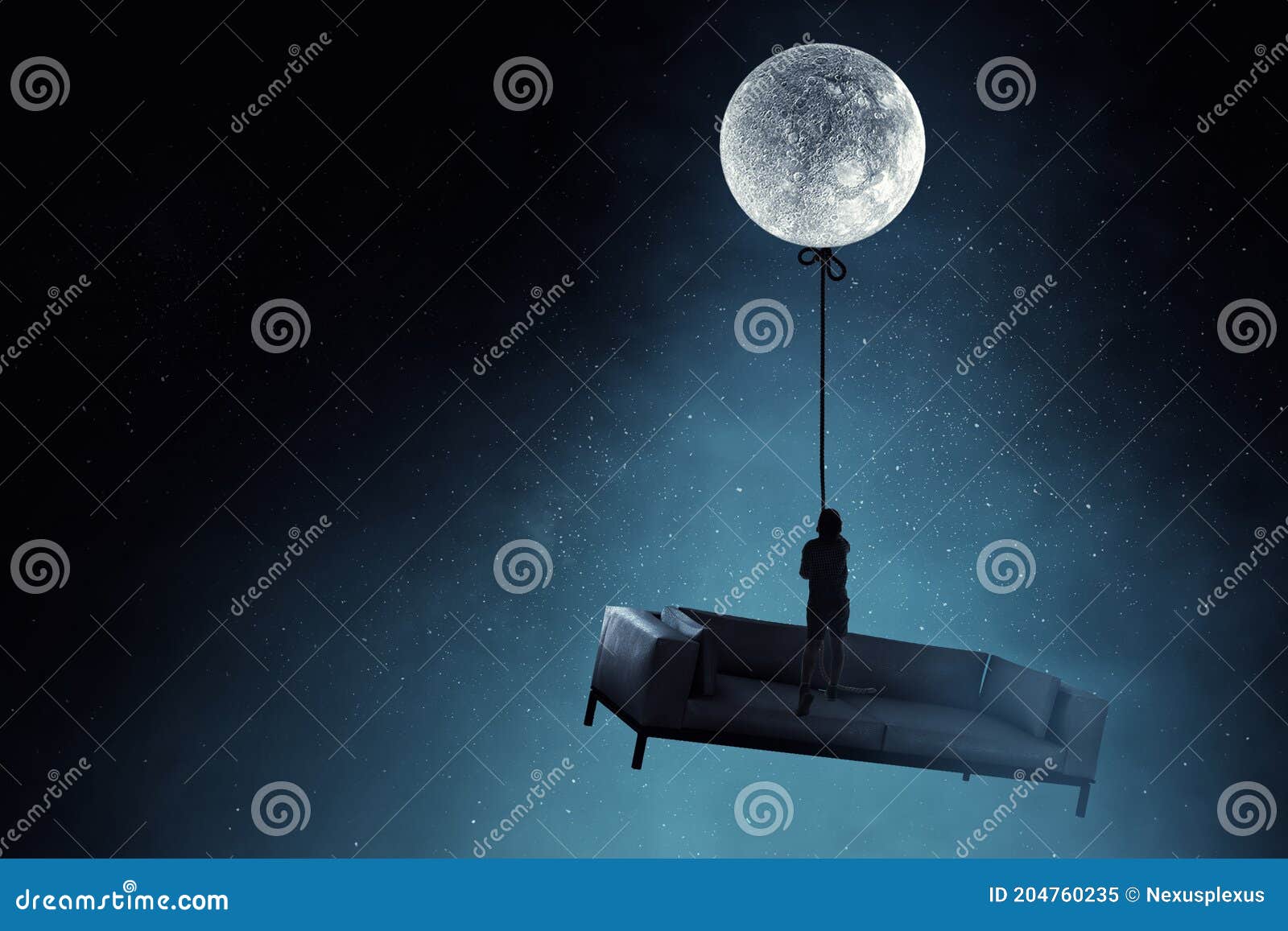 Kid Boy Catching Moon . Mixed Media Stock Image - Image of bedtime ...