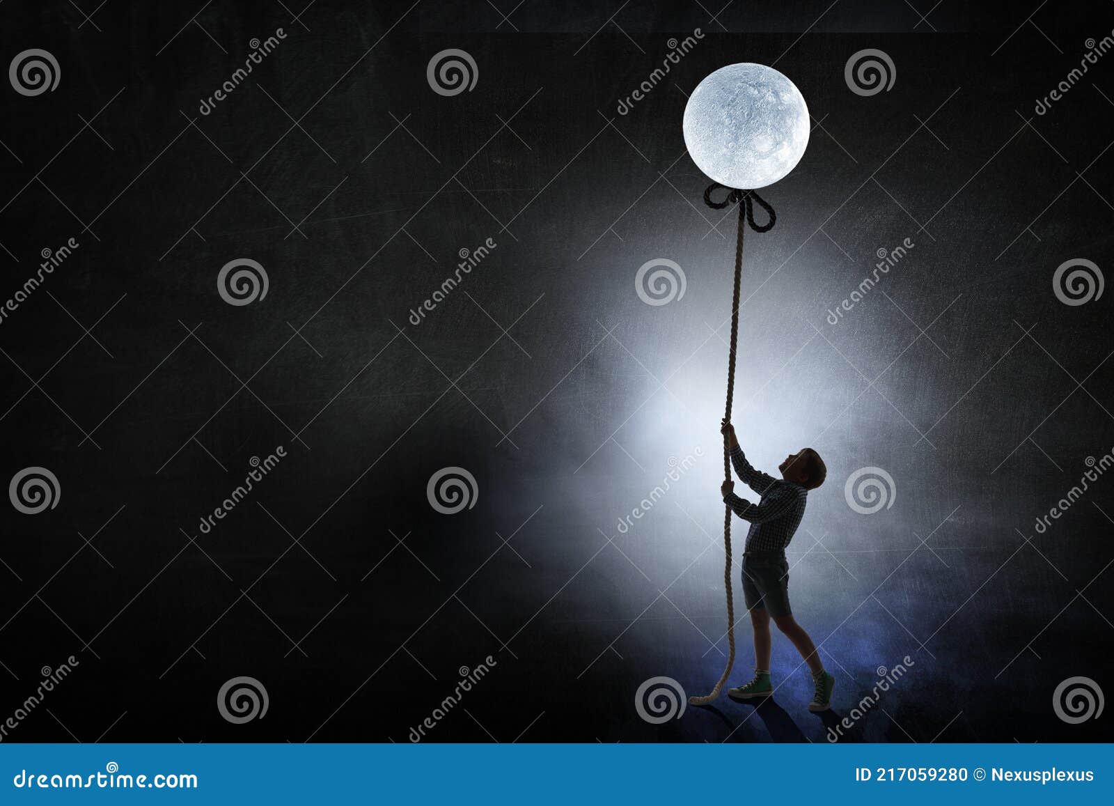 Kid Boy Catching Moon . Mixed Media Stock Photo - Image of imagine ...