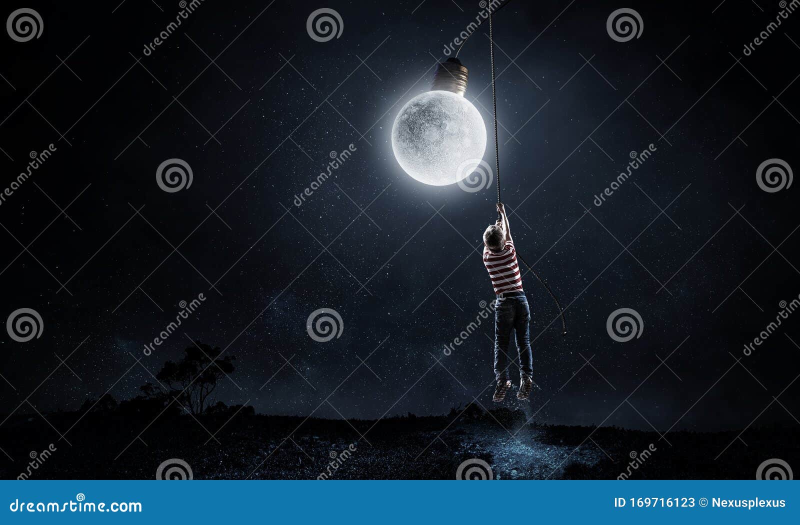 Kid Boy Catching Moon. Mixed Media Stock Image - Image of goodnight ...