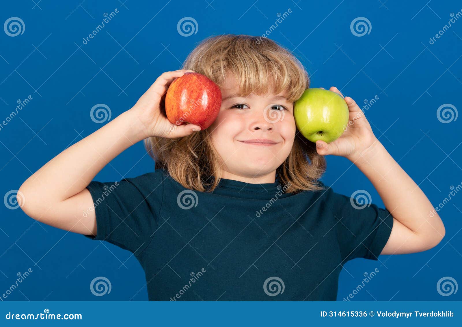 Kid Boy Choosing between a Red Apple and a Green Apple. Isolated on ...