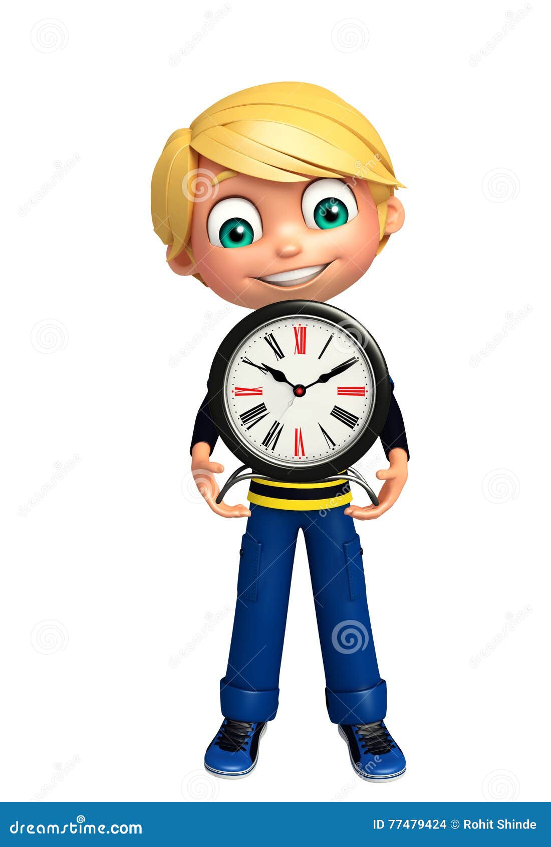 Kid boy with clock stock illustration. Illustration of playful - 77479424