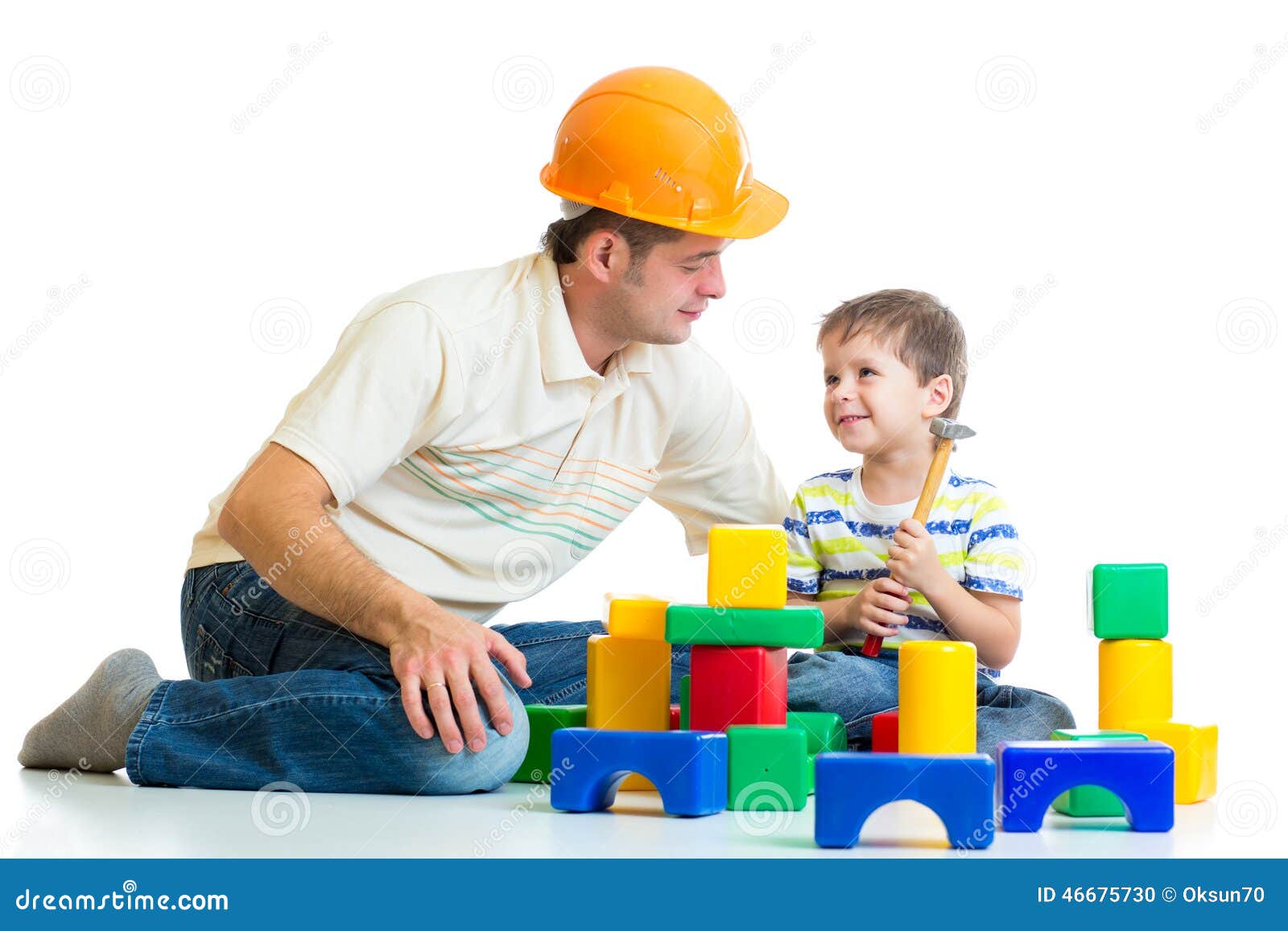Kid Boy and Dad Play Builders Stock Photo - Image of play, isolated ...