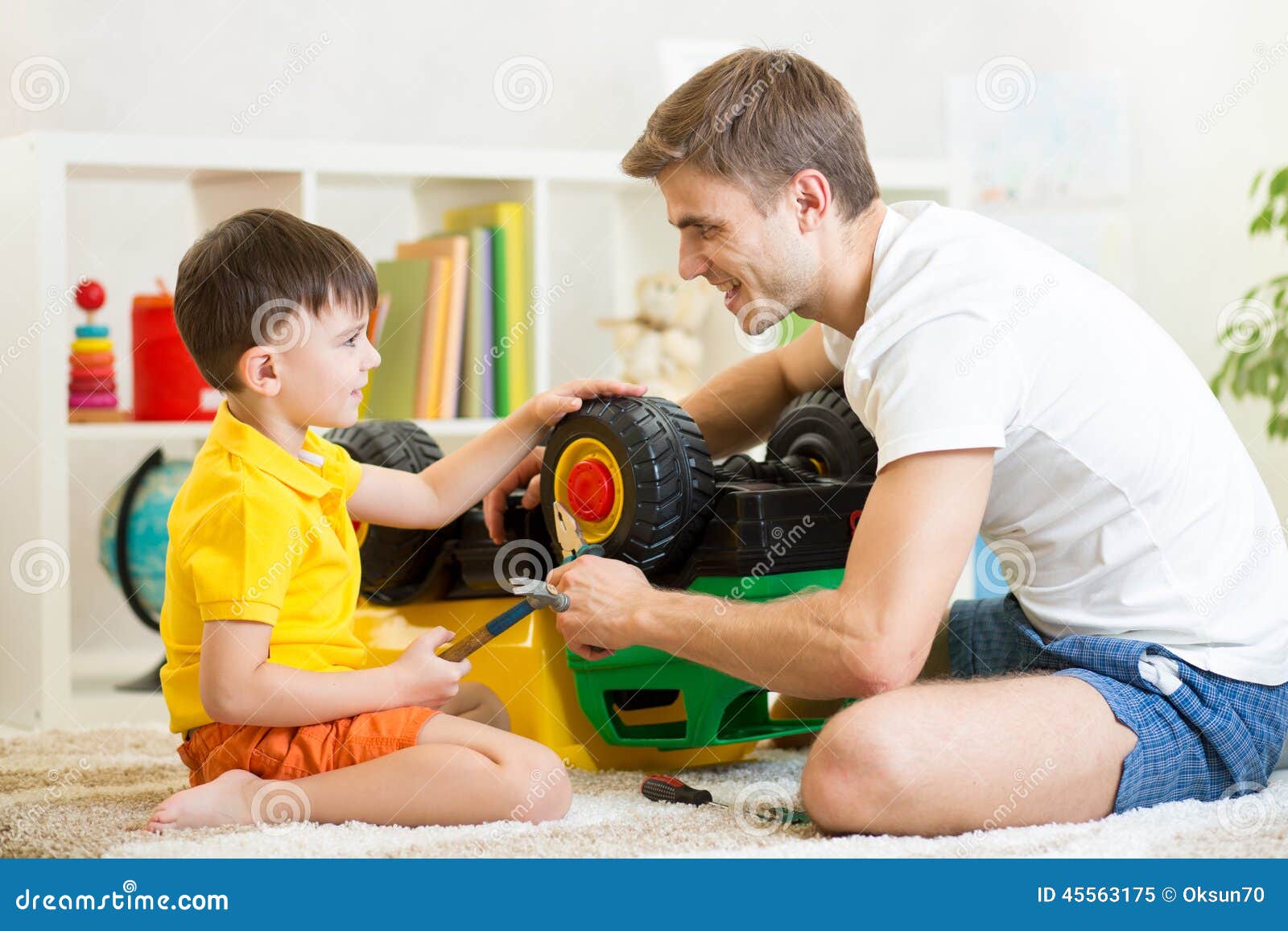 Kid Boy and Dad Repair Toy Trunk Stock Image - Image of repair, indoors ...