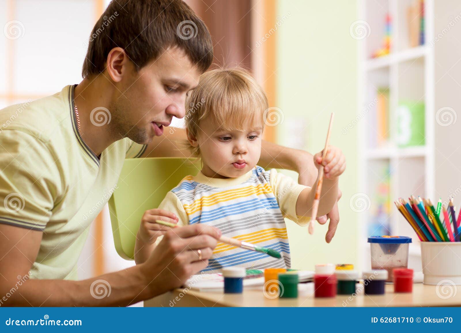 Kid Boy and Daddy Paint Together Stock Photo - Image of daddy ...
