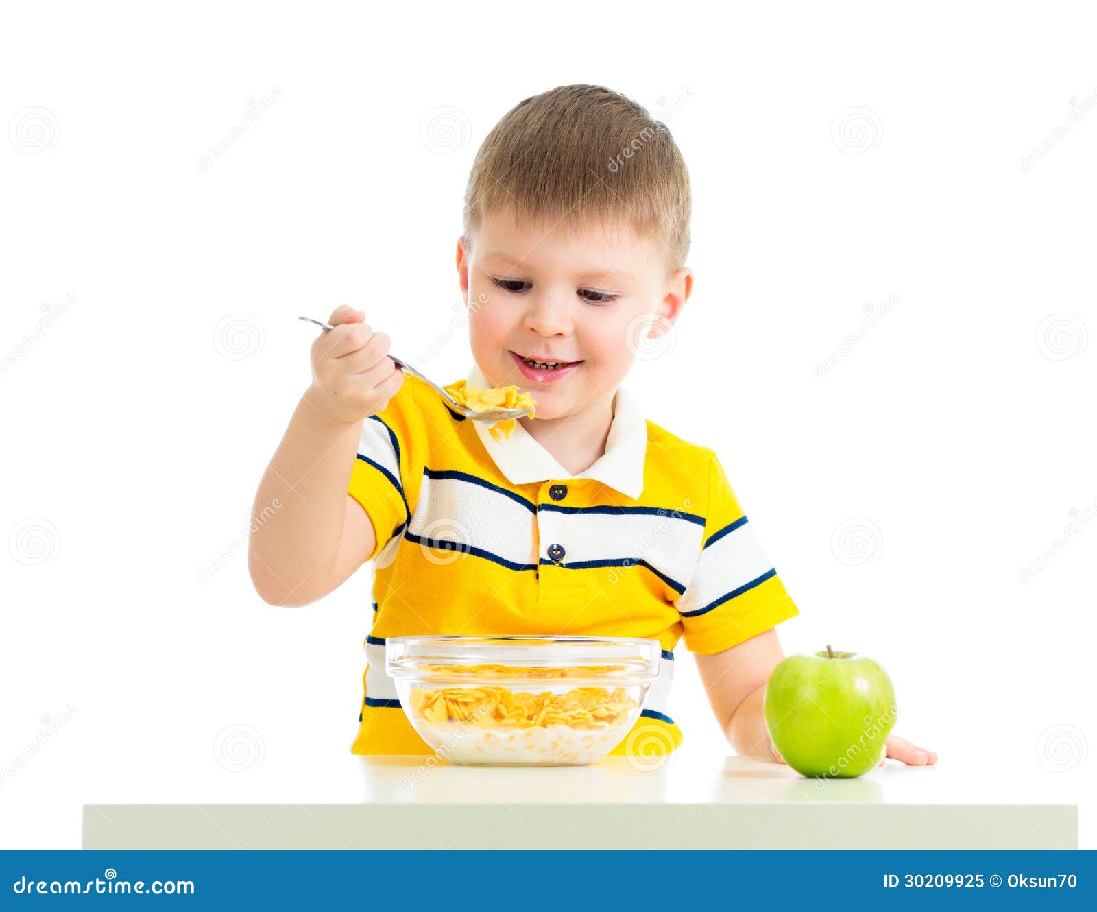 Kid Boy Eating Corn Flakes with Milk Isolated Stock Image - Image of ...
