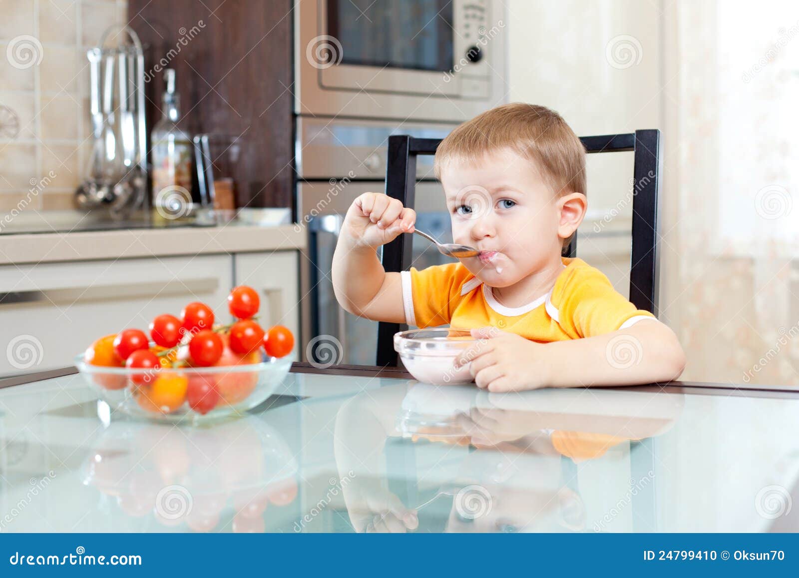 Kid Boy Eating at Home in Kitchen Stock Photo - Image of tomatoes ...
