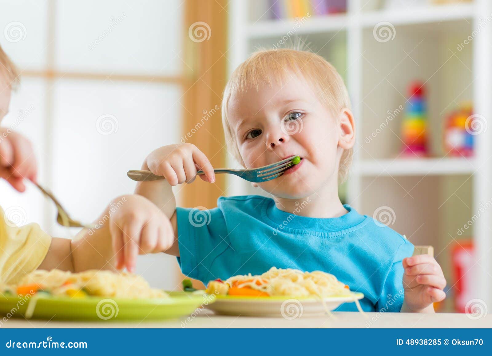 Kid Boy Eating Spaghetti in Nursery Stock Image - Image of enjoyment ...