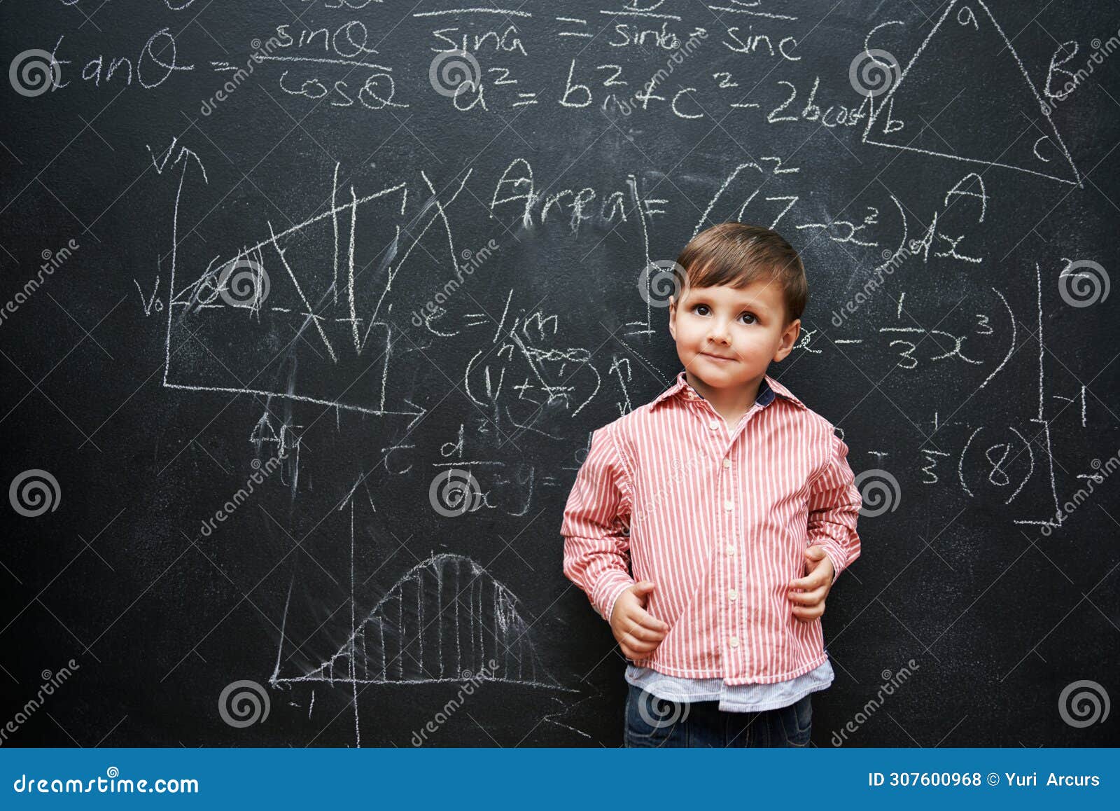Kid, Boy and Face with Smile by Blackboard with Equations, Numbers and ...
