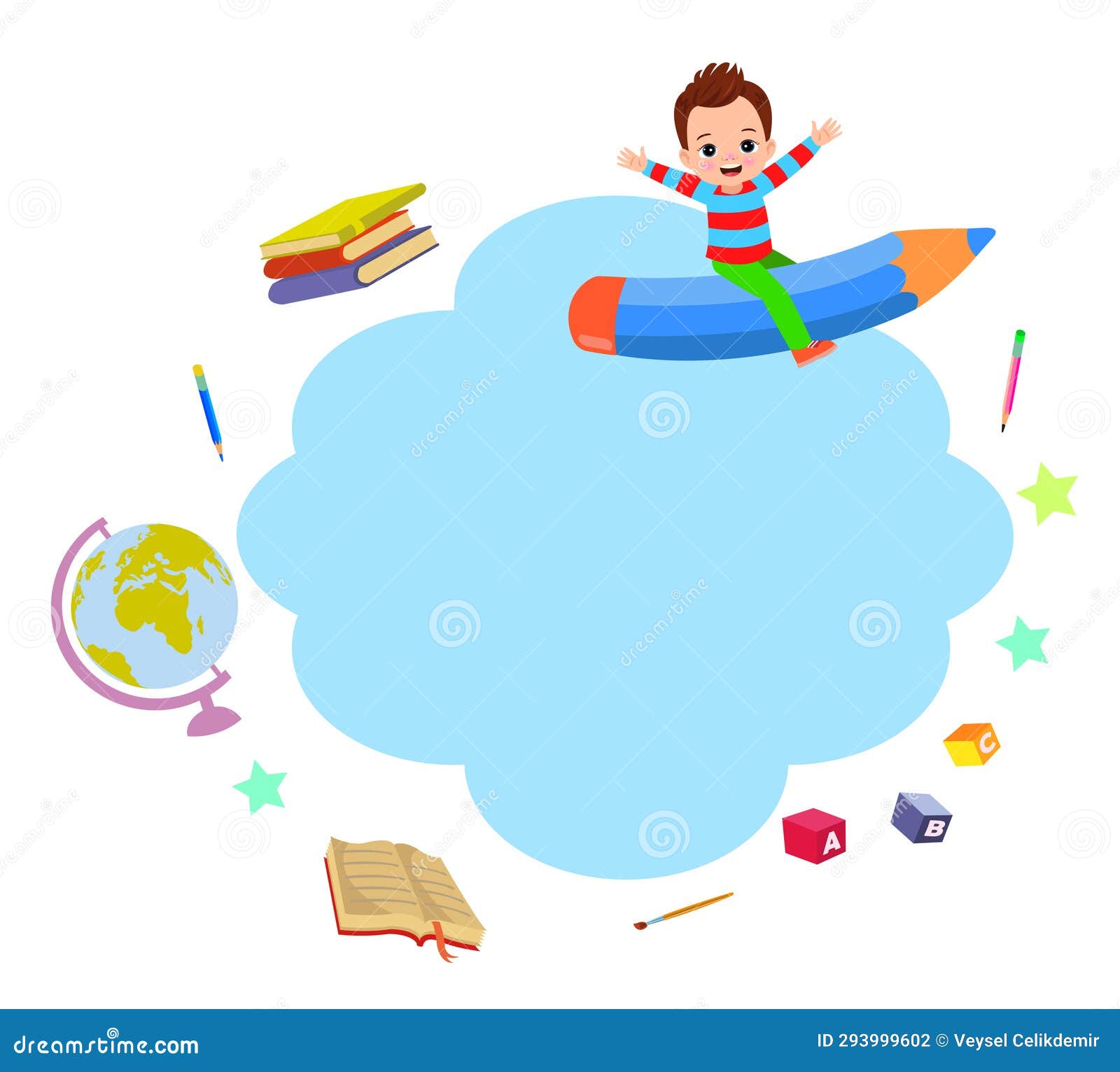 Kid Boy Flying on Pencil and Banner Stock Vector - Illustration of ...