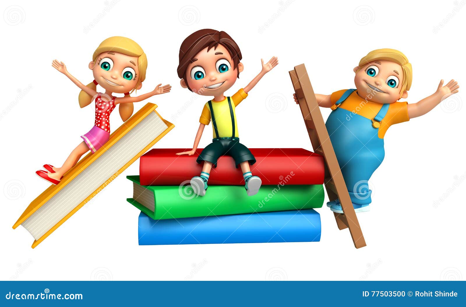 Kid Boy and Girl with Book Stack and Ladder Stock Illustration ...