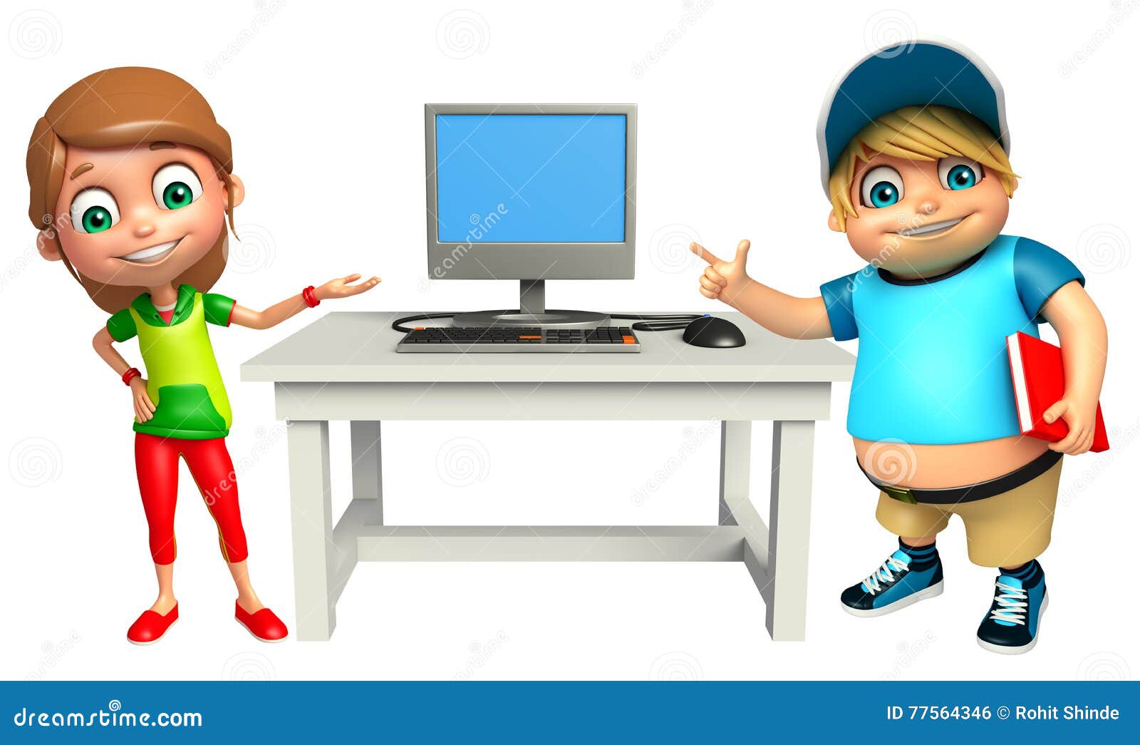 Kid Boy and Girl with Computer Stock Illustration - Illustration of ...