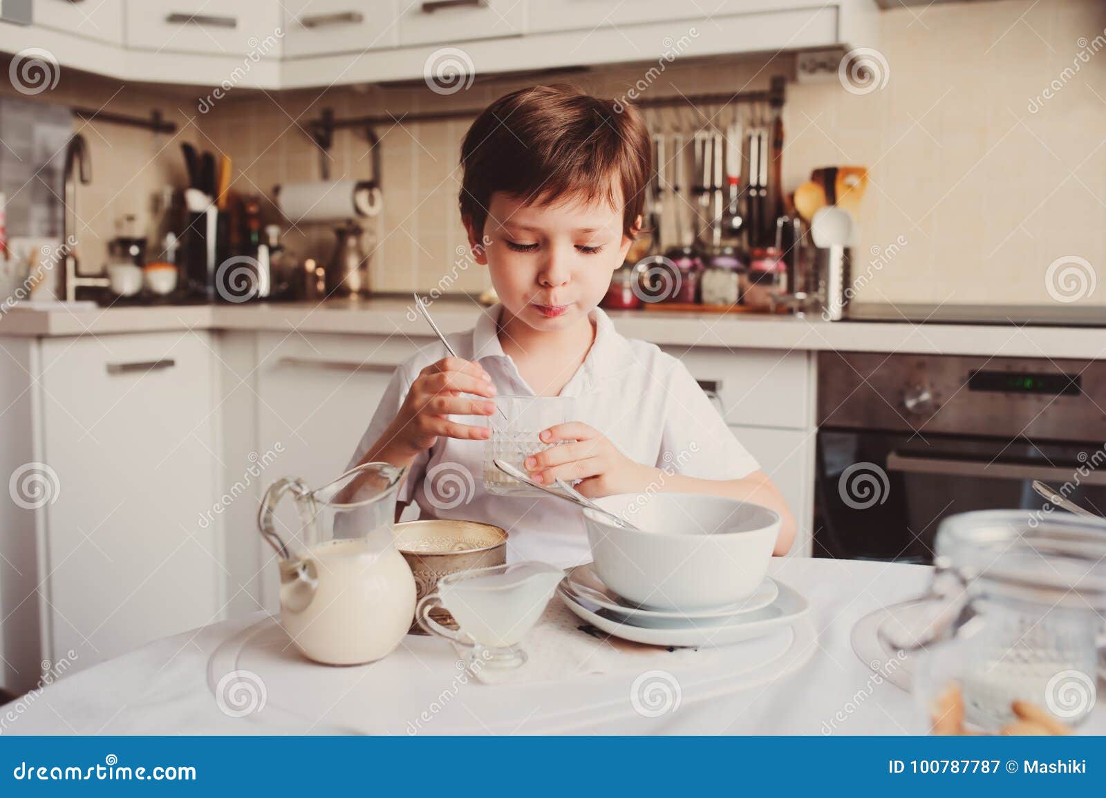 Kid Boy Having Breakfast at Home Stock Image - Image of kitchen, school ...