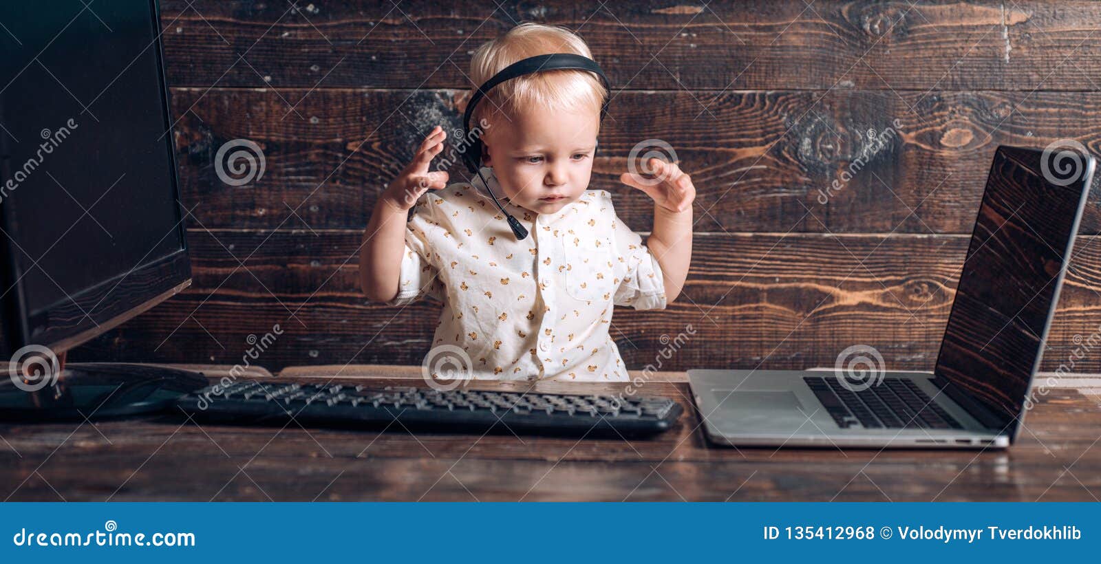Kid Boy in Headset with Microphone in Call Centre. Call Centre Operator ...