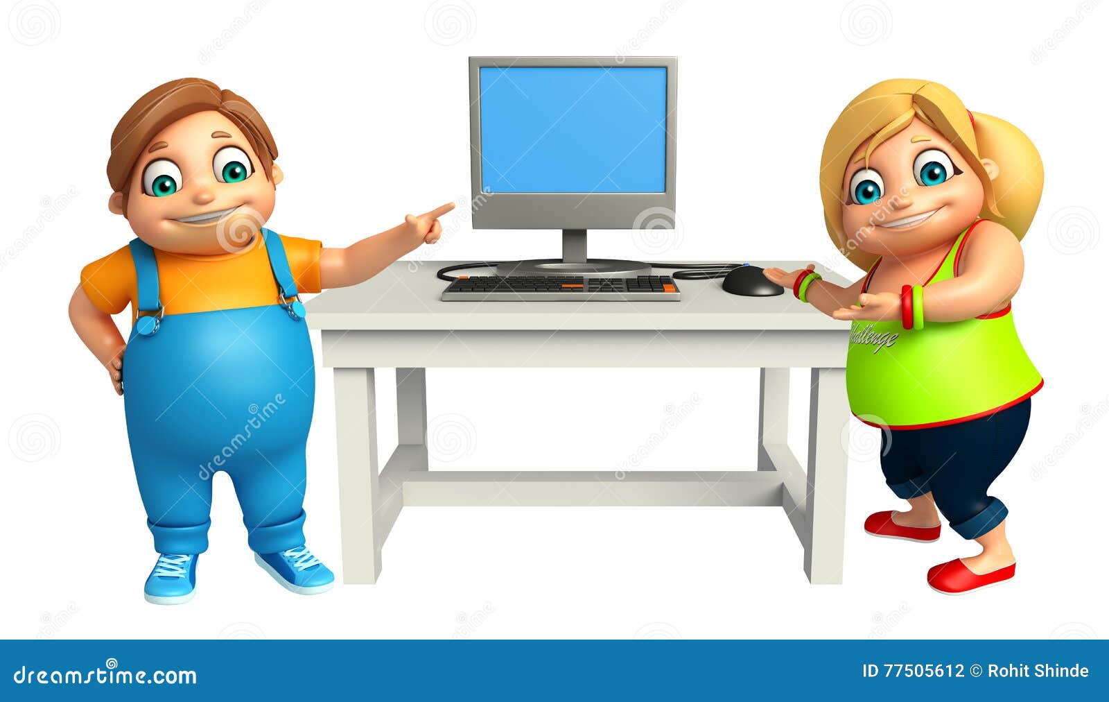 Kid Boy and Kid Girl with Computer Stock Illustration - Illustration of ...