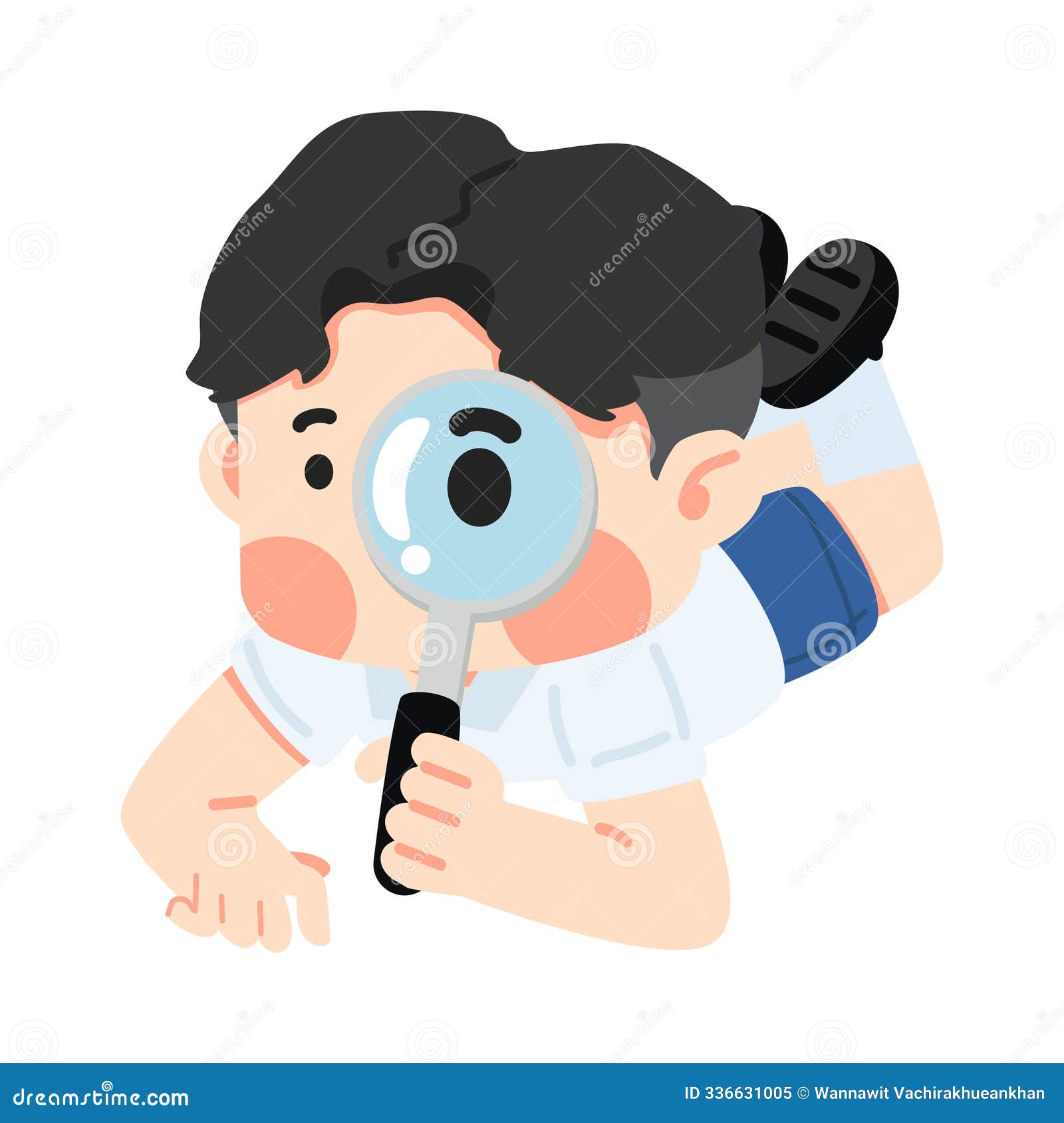 Kid Boy Laying on Floor with Magnifying Stock Illustration ...