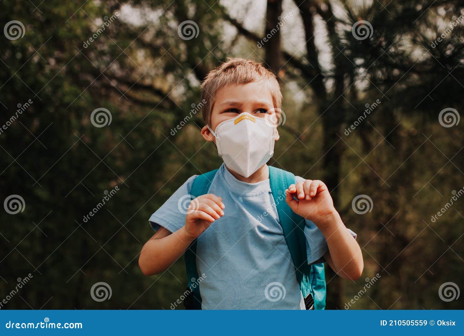 Kid Boy in Mask with Blue Backpack on the Way Stock Image - Image of ...