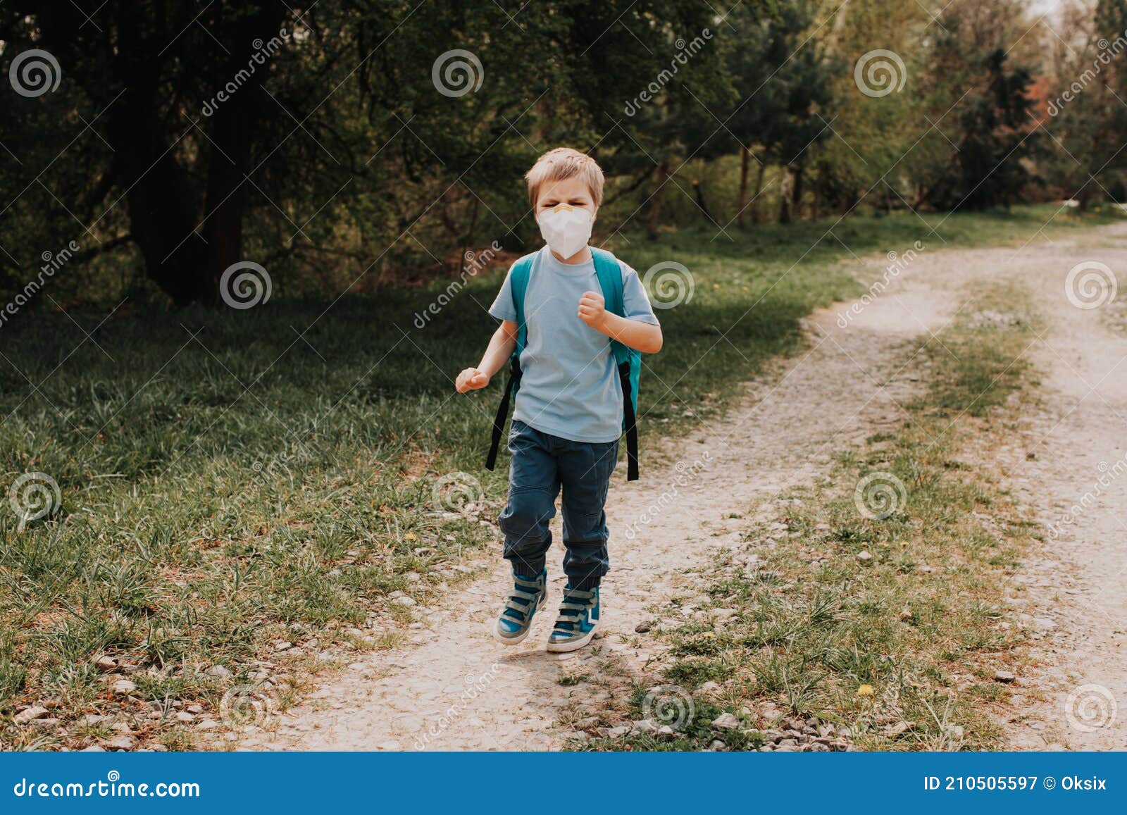 Kid Boy in Mask with Blue Backpack on the Way Stock Image - Image of ...