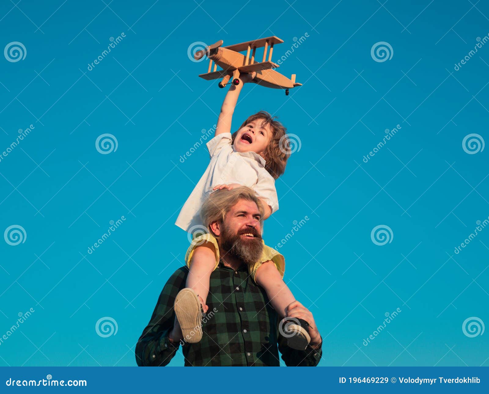 Kid Boy Pilot. Child Son and Dad with Airplane. Stock Image - Image of ...