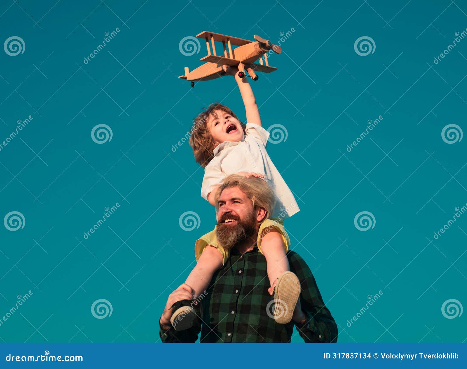 Kid Boy Pilot. Child Son and Dad with Airplane. Stock Photo - Image of ...