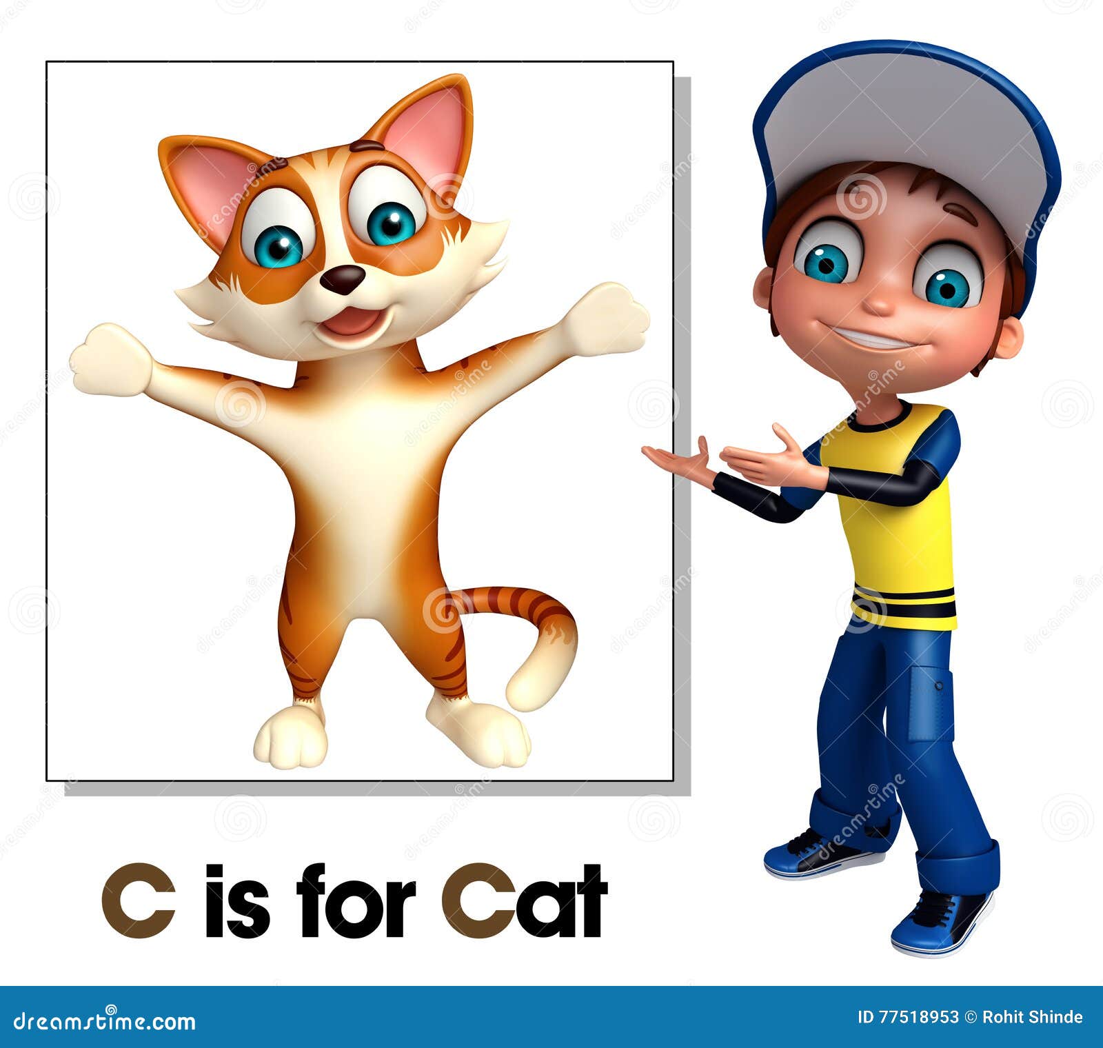 Kid boy pointing Cat stock illustration. Illustration of funny - 77518953