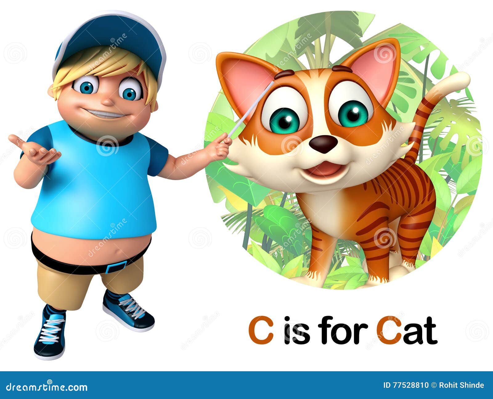 Kid boy pointing Cat stock illustration. Illustration of preschooler ...