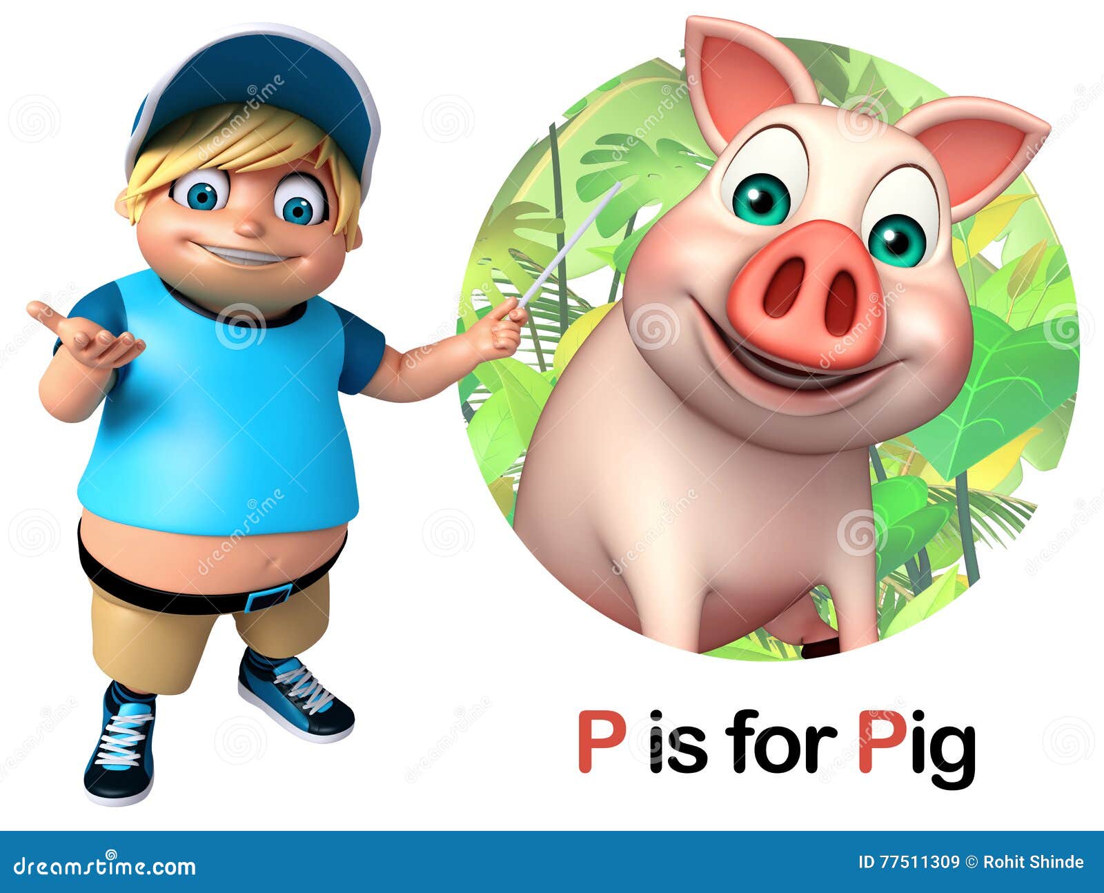 Kid boy pointing Pig stock illustration. Illustration of class - 77511309