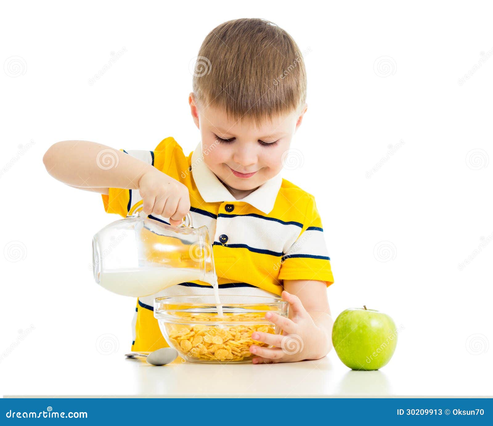 Kid Boy with Corn Flakes and Milk Isolated Stock Image - Image of fruit ...