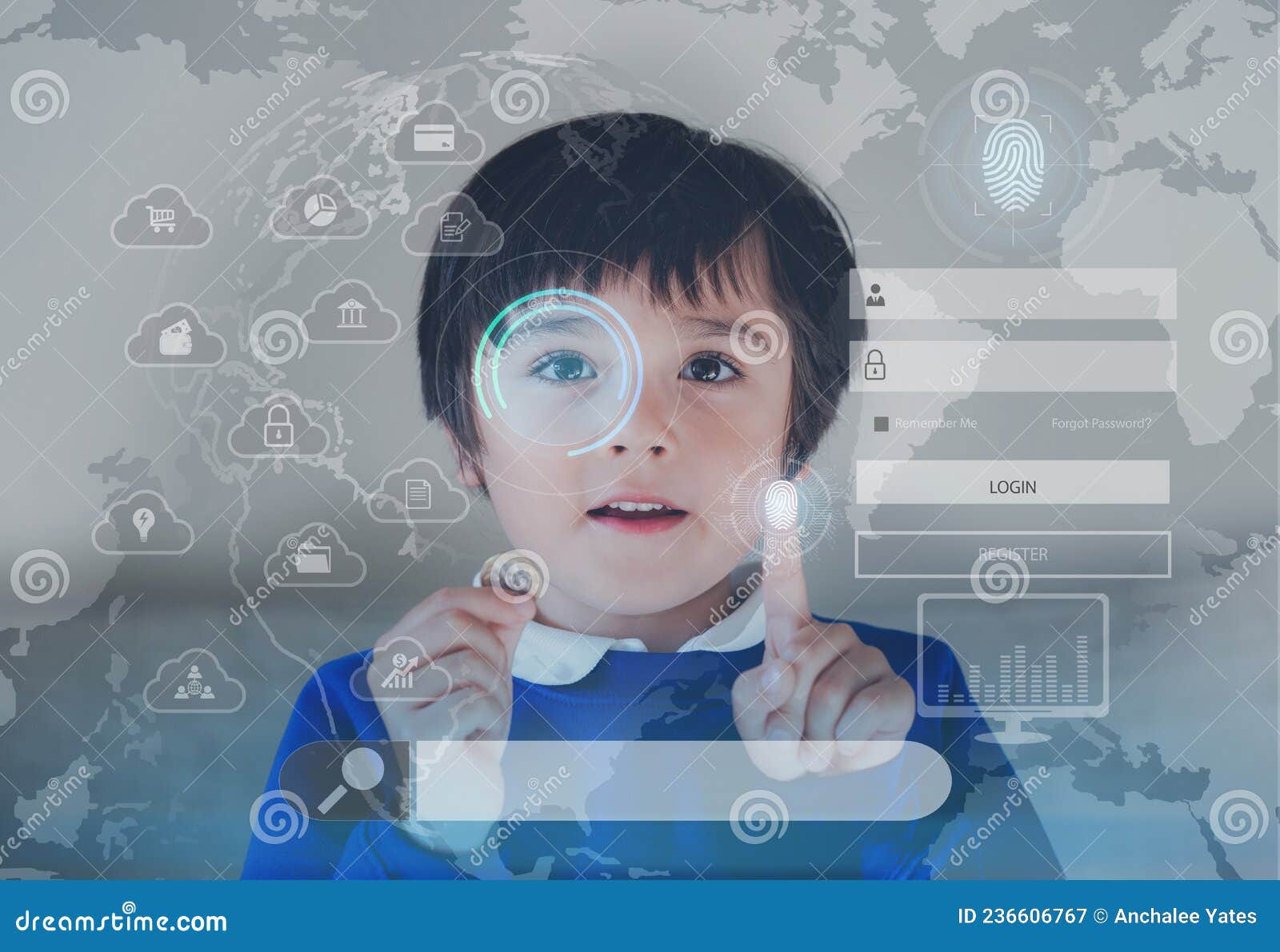 Kid Boy Using Fingerprint Login on Internet for Data Information ...