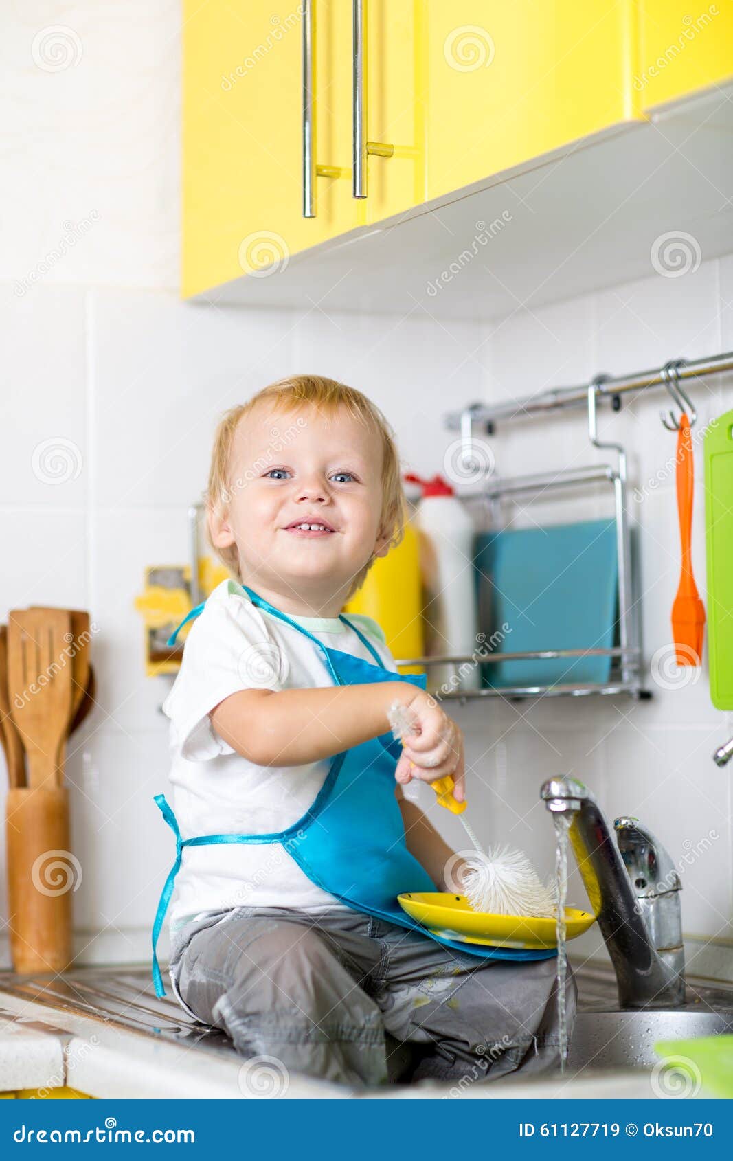 Kid Boy Washing Dishes and Having Fun in the Stock Image - Image of ...