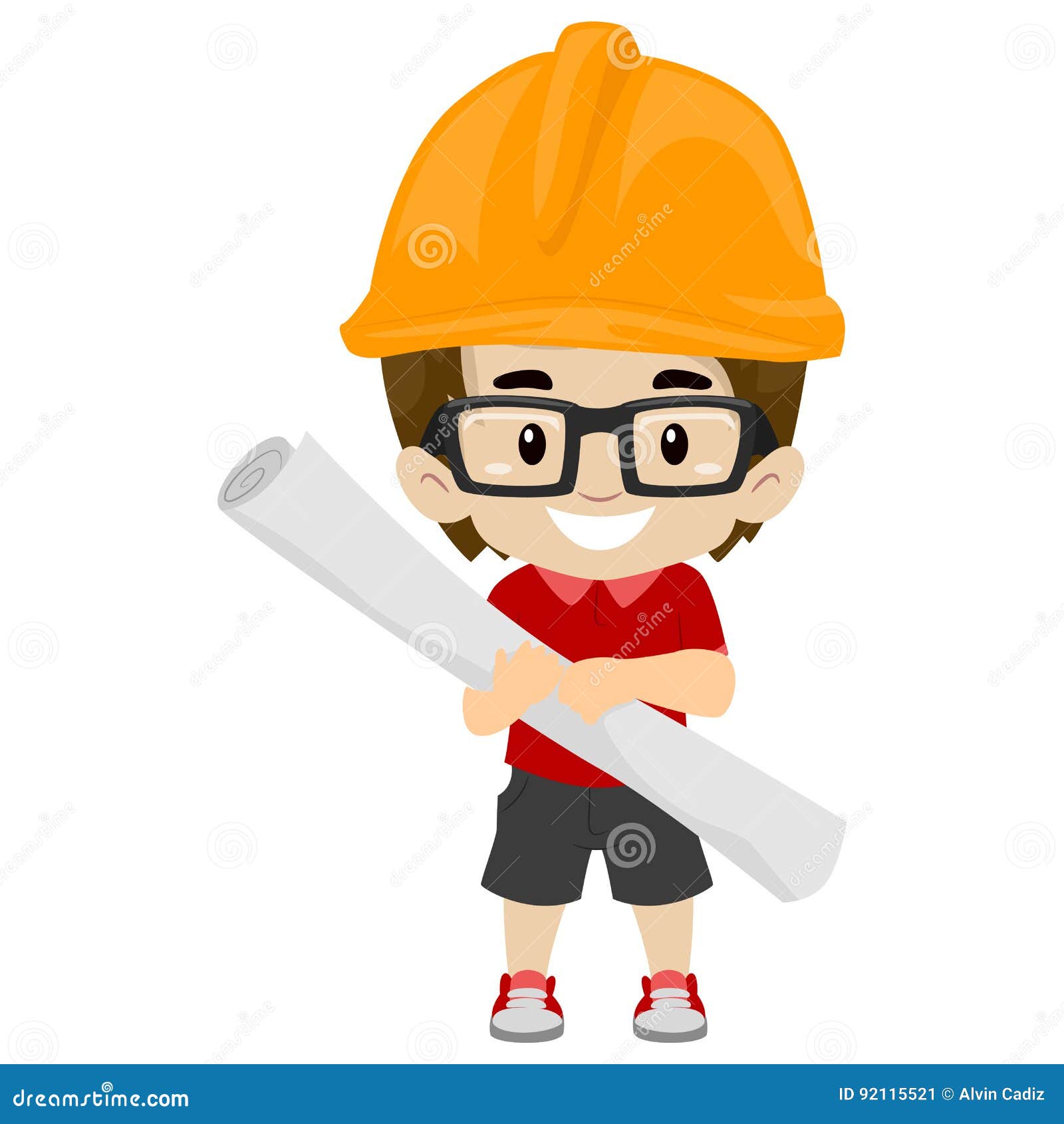Kid Boy Wearing Engineer Cap while Holding a Rolled Paper Stock Vector ...
