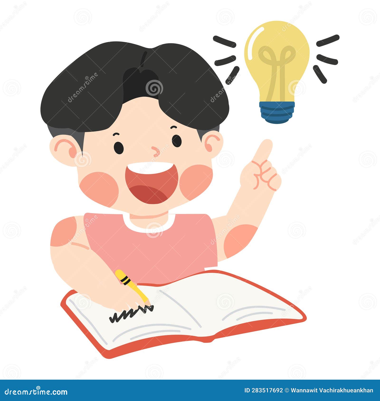 Kid Boy Writing in a Book with Idea Lamp Stock Vector - Illustration of ...