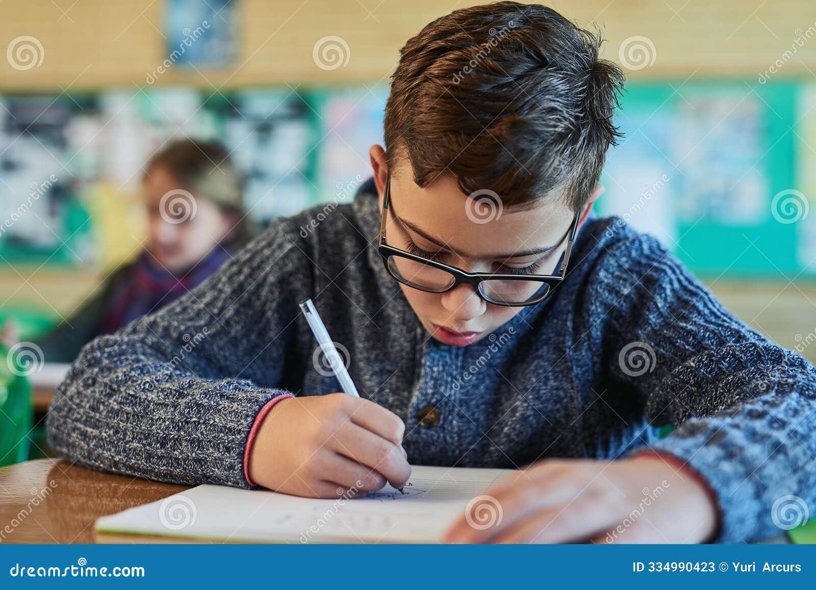 Kid, Boy and Writing in Classroom for Education with Learning ...
