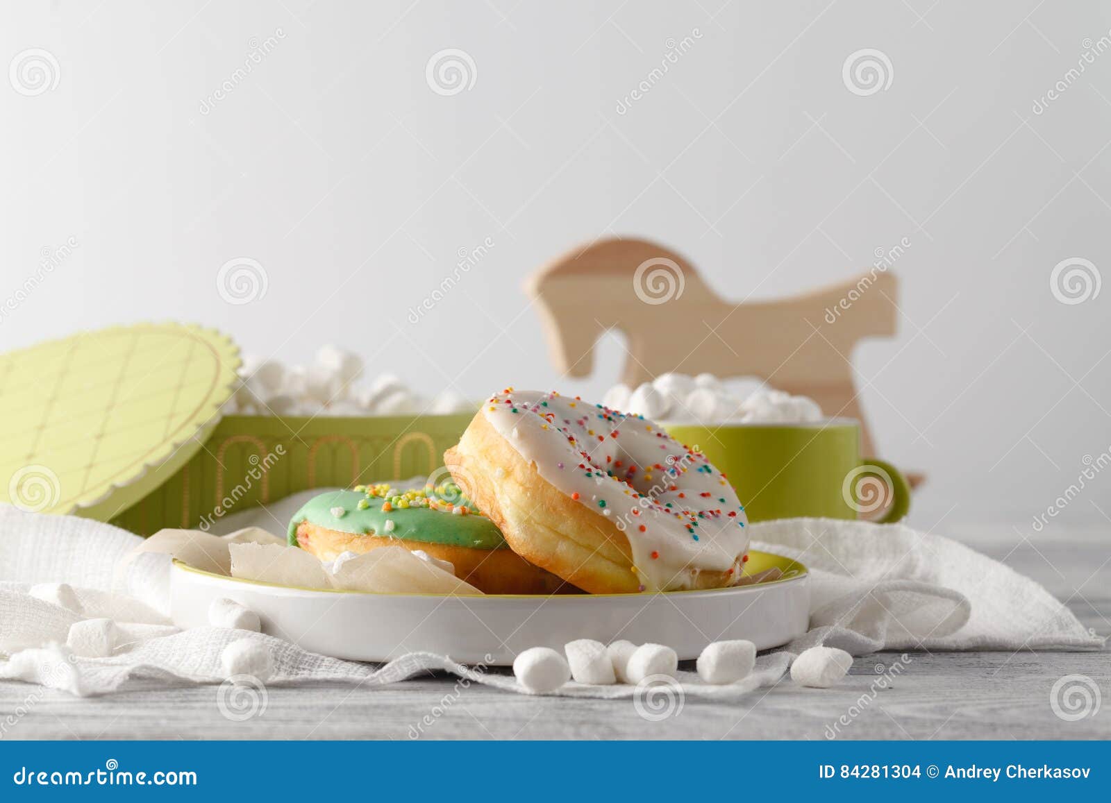 Kid Breakfast with Green Donut and Mini Marshmallow Stock Photo - Image ...