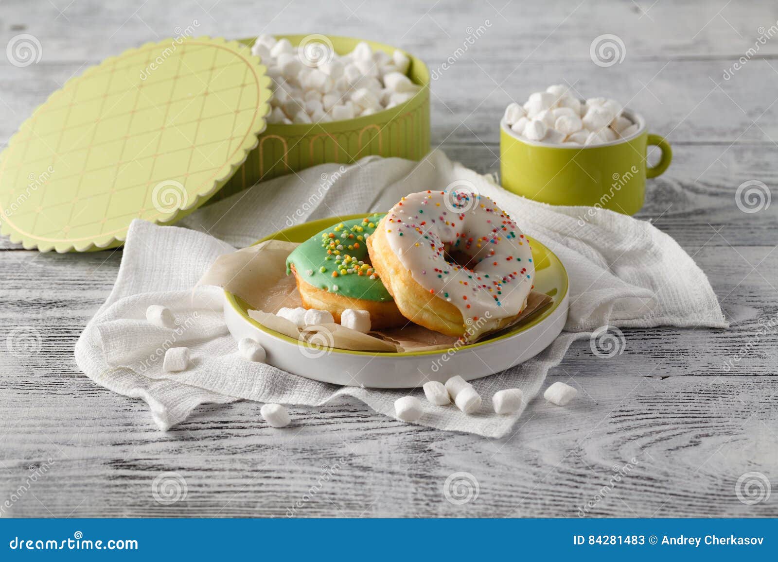 Kid Breakfast with Green Donut and Mini Marshmallow Stock Image - Image ...