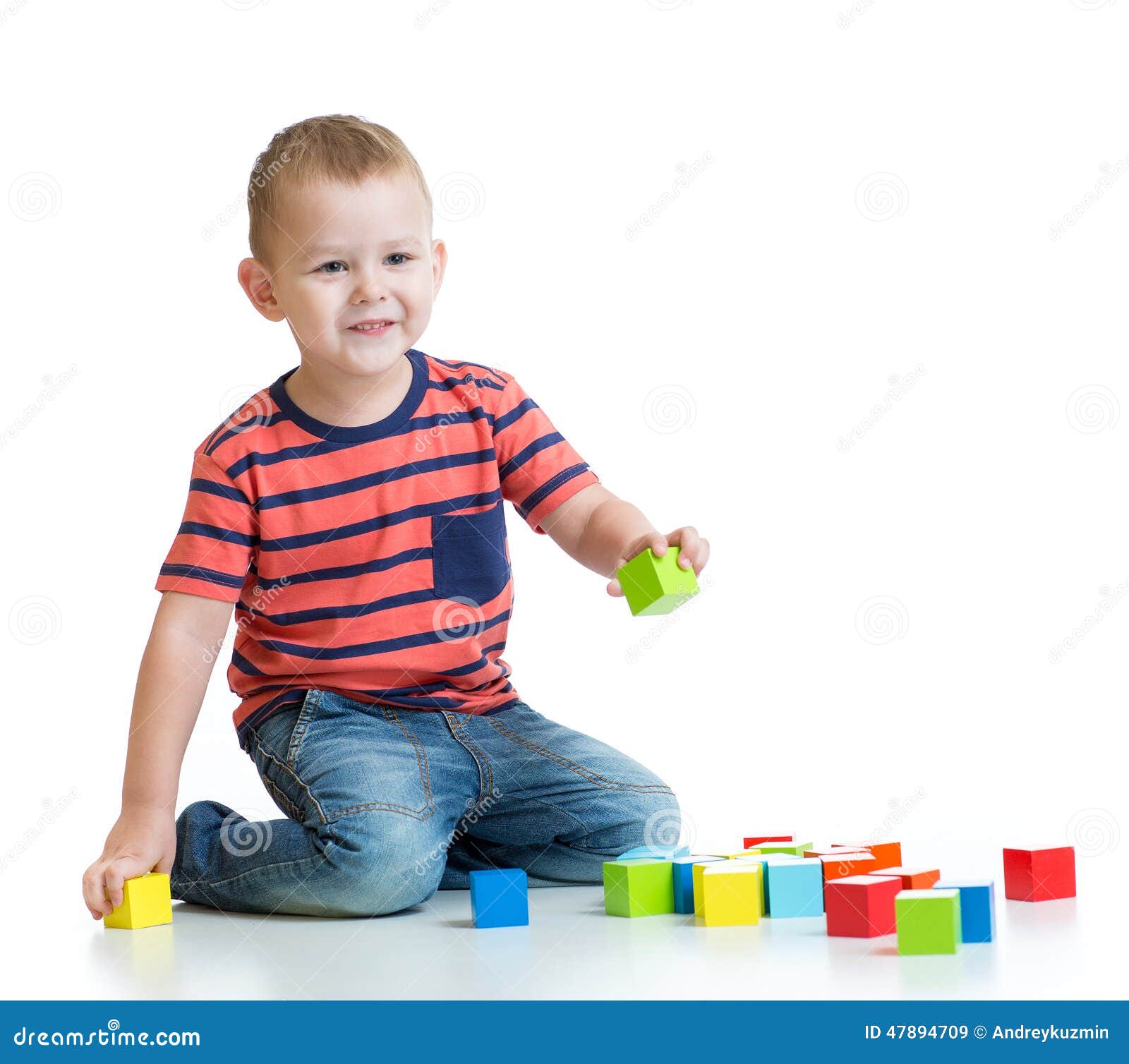 Kid Building Tower with Colorful Blocks Isolated Stock Image - Image of ...