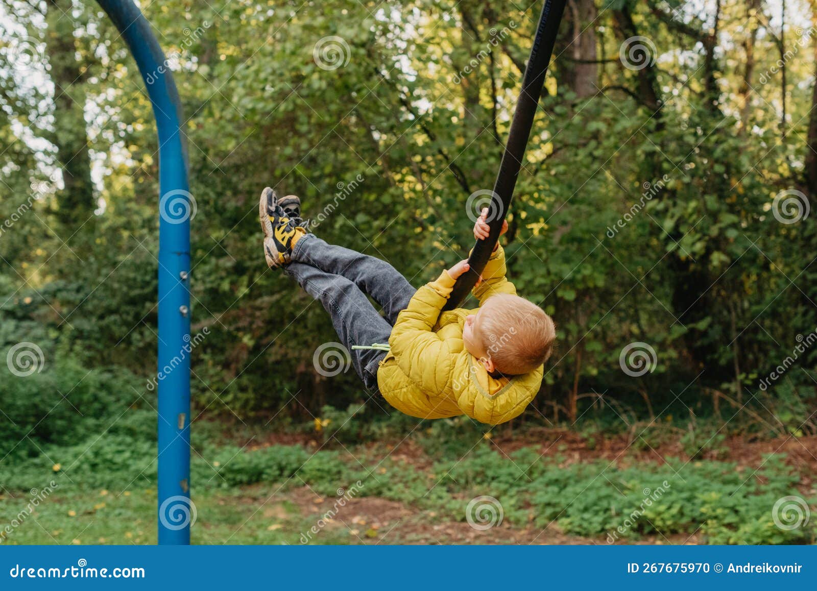 Kid Bungee Jumping in the Autumn Forest. Stock Photo - Image of child ...