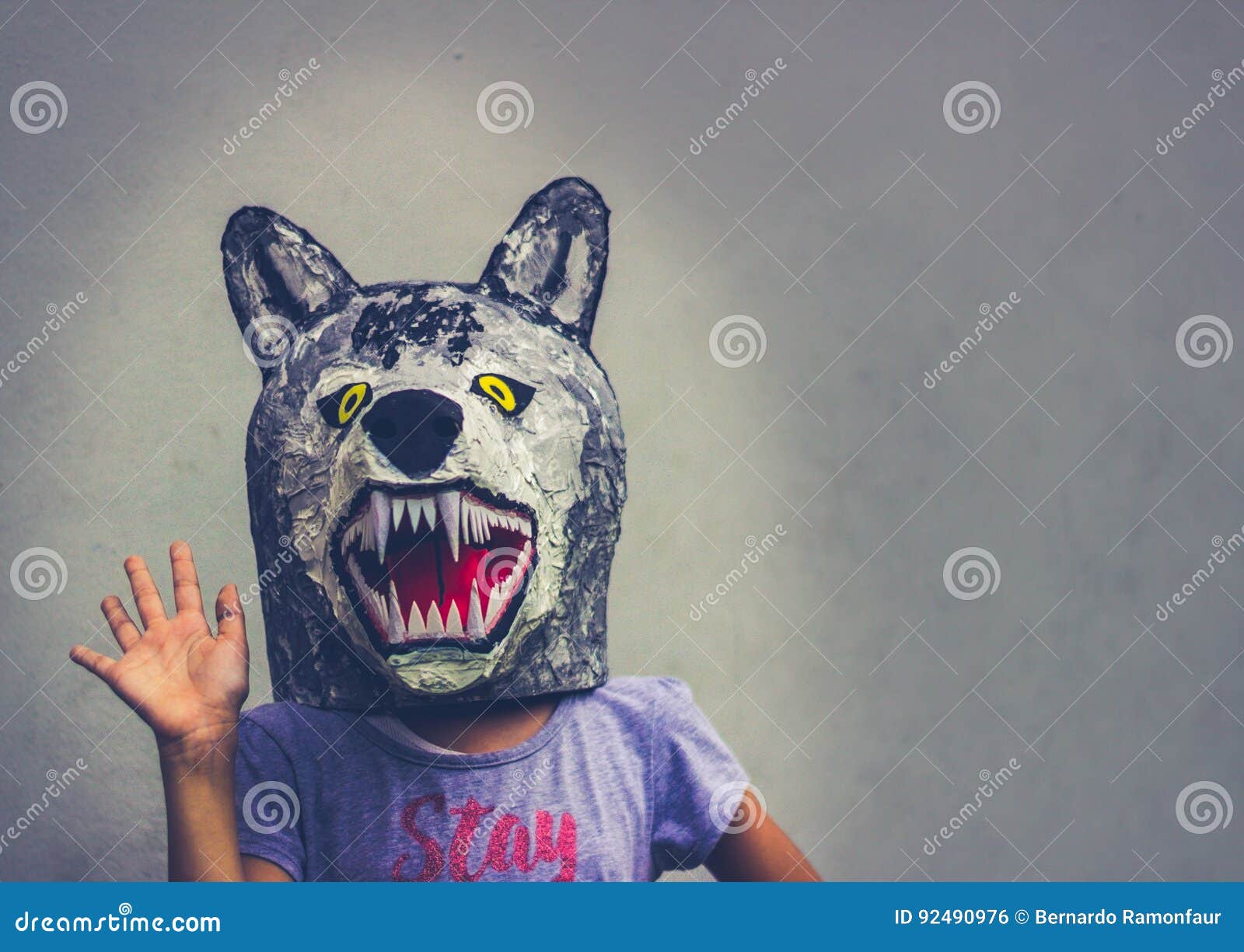 Kid with carton wolf mask stock photo. Image of head - 92490976