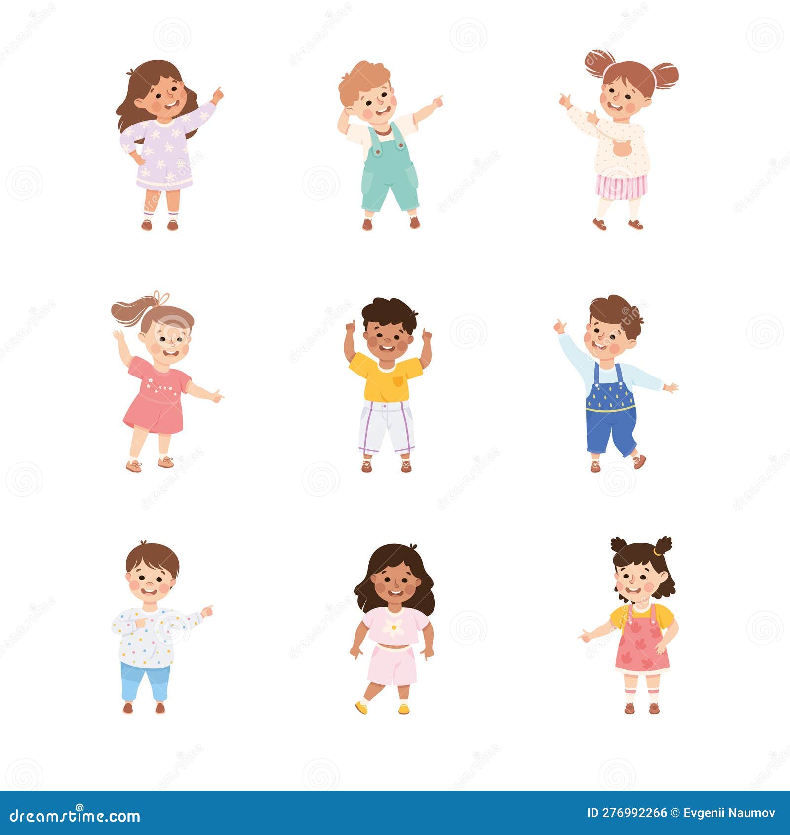 Kid Characters Pointing at Something with Their Finger Vector Set Stock ...