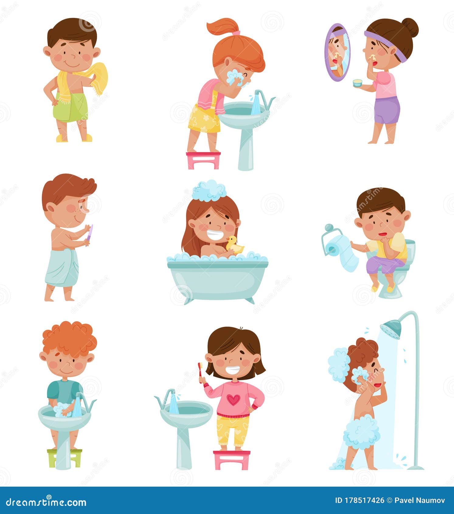 Kid Characters Taking Bath And Brushing Teeth Vector Illustrations Set ...