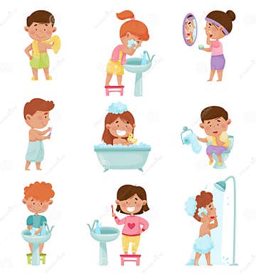 Kid Characters Taking Bath and Brushing Teeth Vector Illustrations Set ...