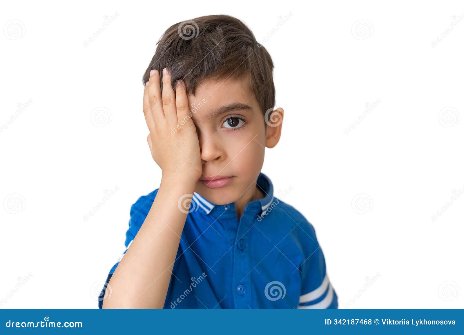 Kid Close One Eye with Hand To Check Vision on White Background. Vision ...