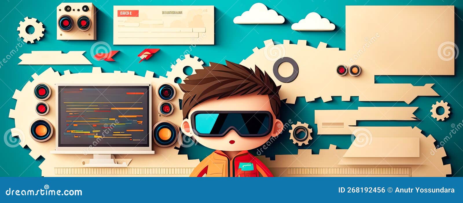 Kid Coding Computer Programming Paper Cut Banner, Generative AI Stock Illustration ...